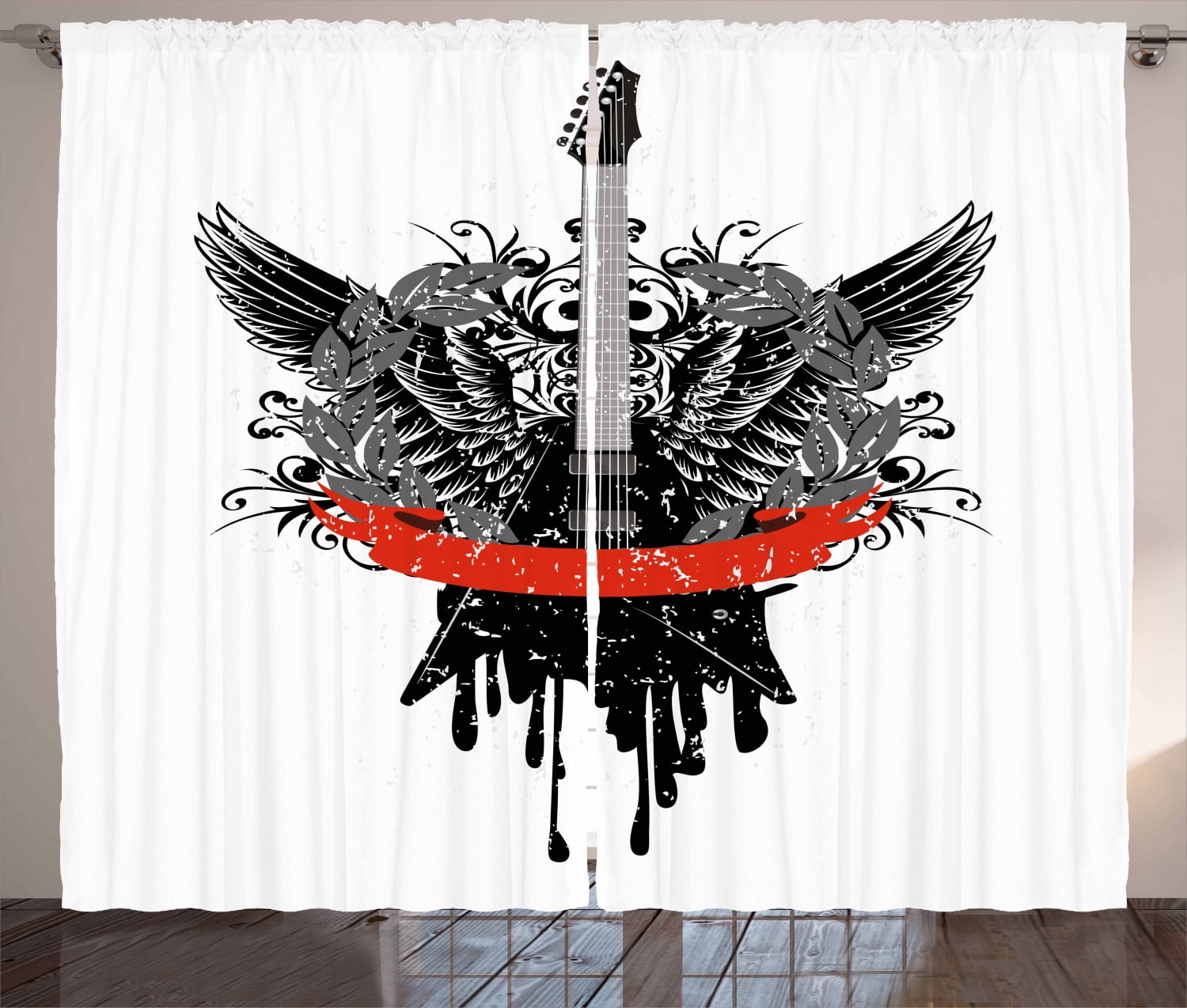Ambesonne Rock Music Curtains 2 Panel Set, Gothic Guitar Wings, 108" x ...
