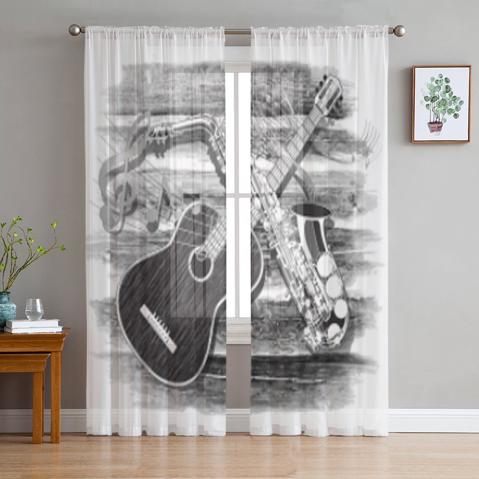 Rock Music Drum Guitar Sheer Window Curtain for Living Room Bedroom ...