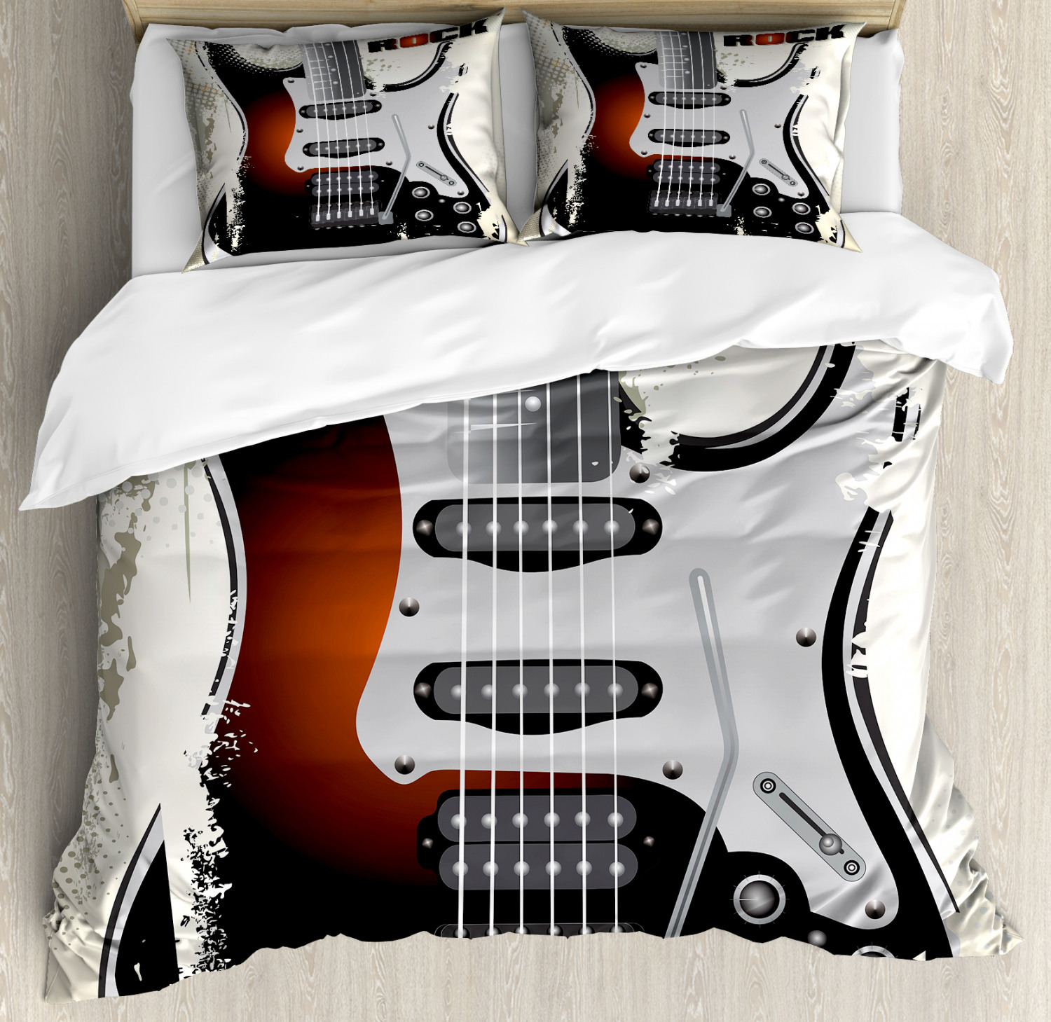 Rock Music Duvet Cover Set Queen Size, Detailed Guitar Pattern with ...