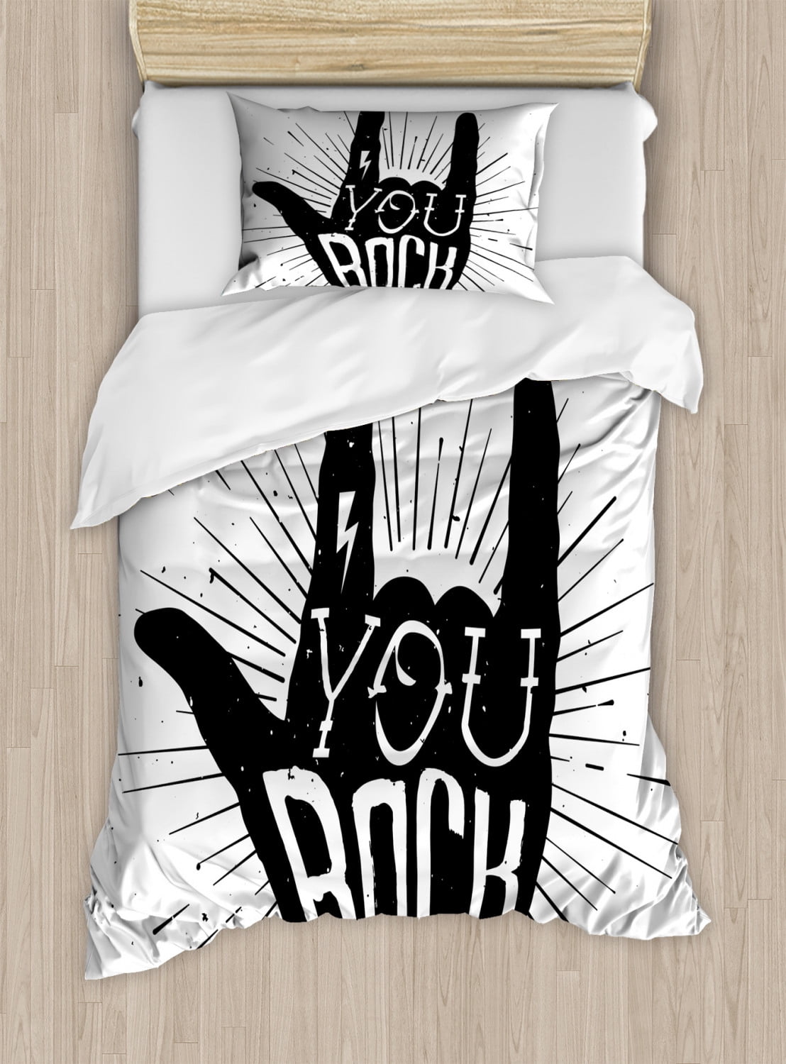 Rock Music Duvet Cover Set Twin Size, You Rock Quote with Devil Symbol ...