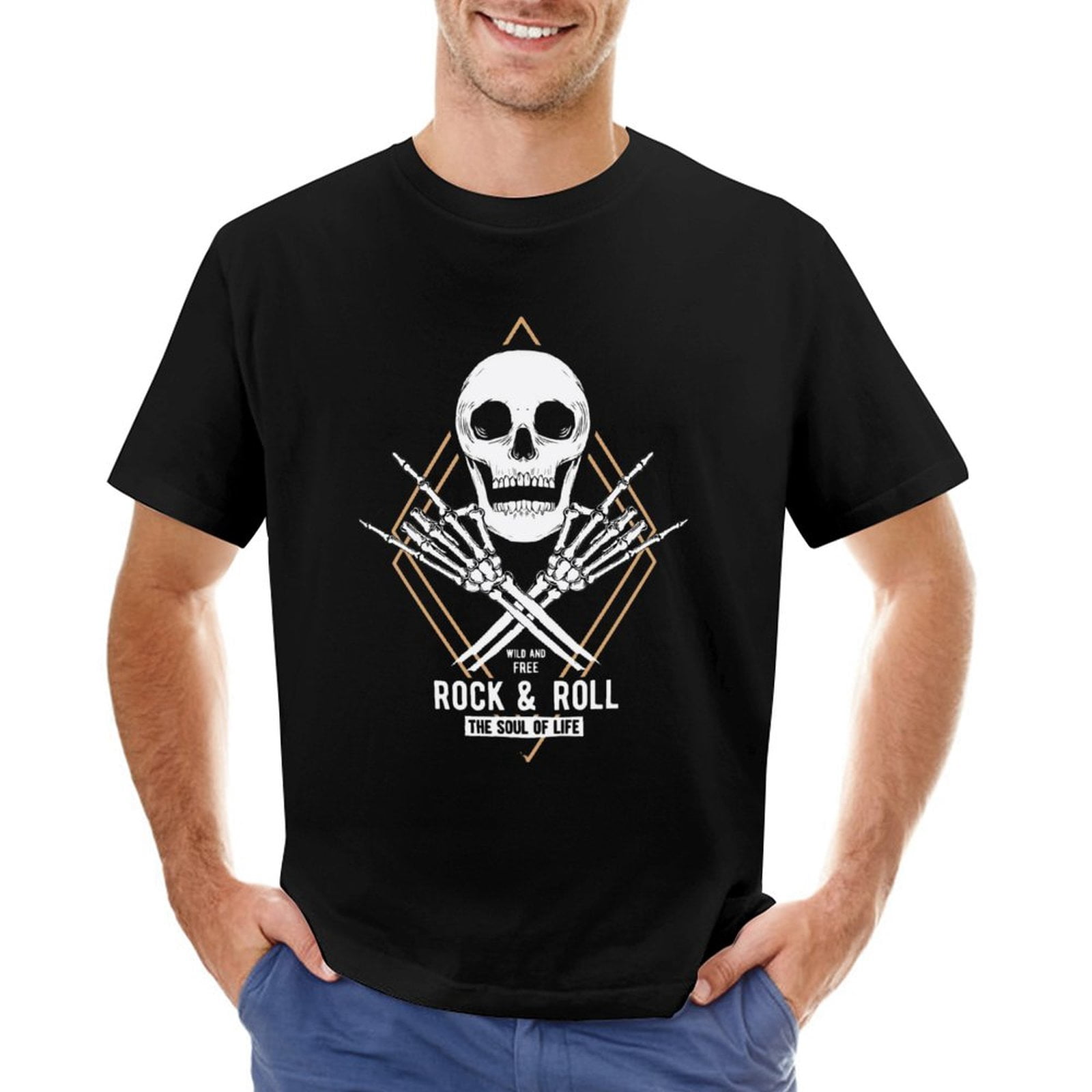 Rock Music Graphic Design with Skull Vintage T-shirt Mens Cotton Classic Crewneck Short Sleeve ...