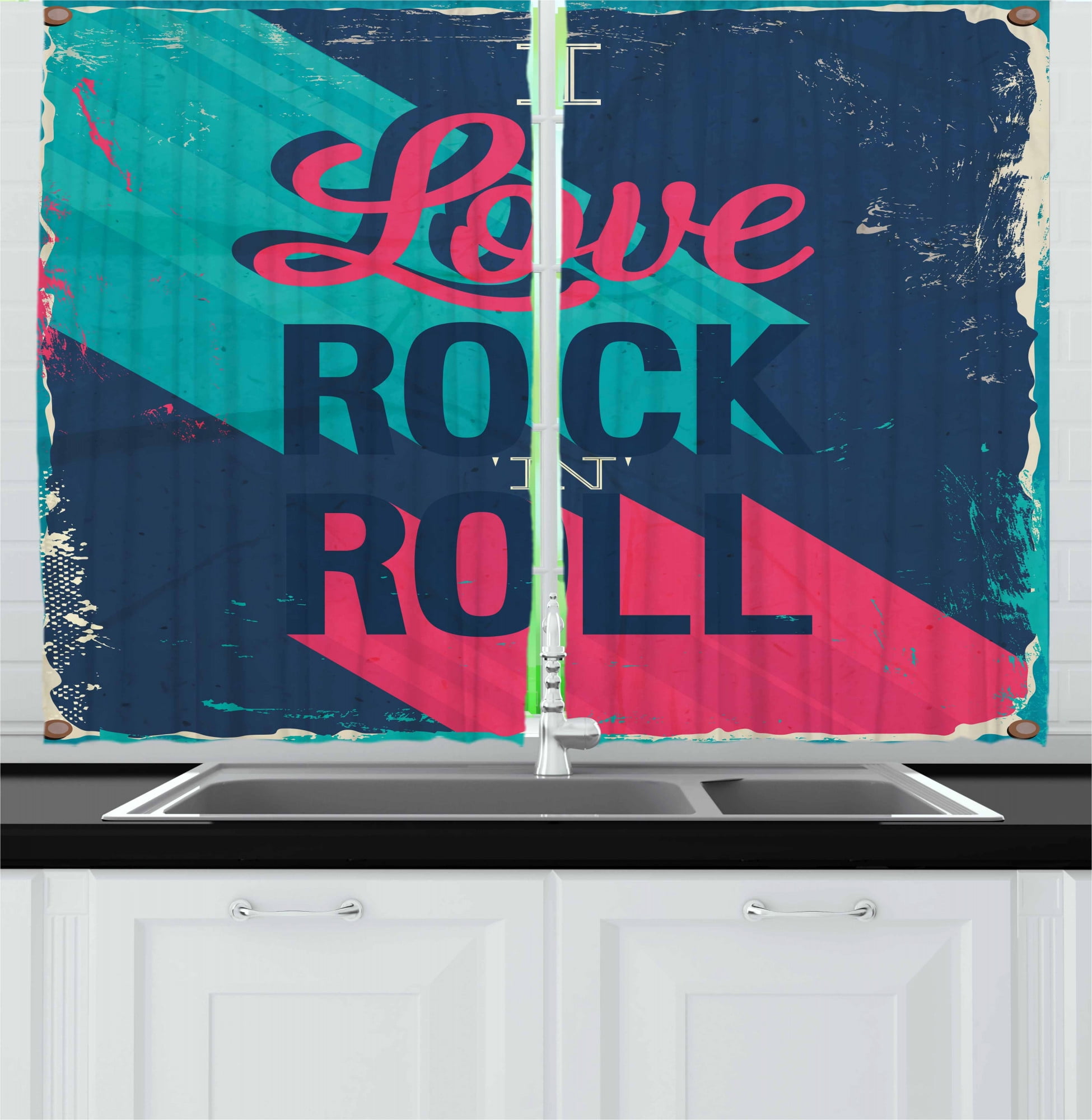 Rock Music Kitchen Curtains, Vintage I Love Rock and Roll Slogan Worn ...