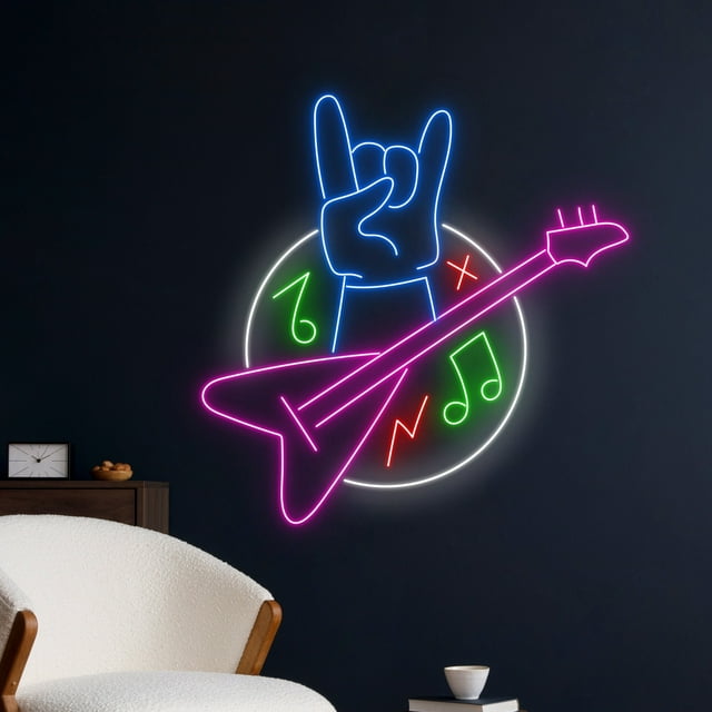 Rock Music Led Sign, Rock N Roll Neon Light, Electric Guitar Neon Sign ...