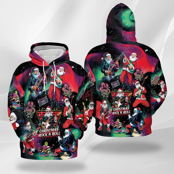 Rock N Roll Santa Christmas Hoodie, Retro Neon Guitar Santa Pullover ...