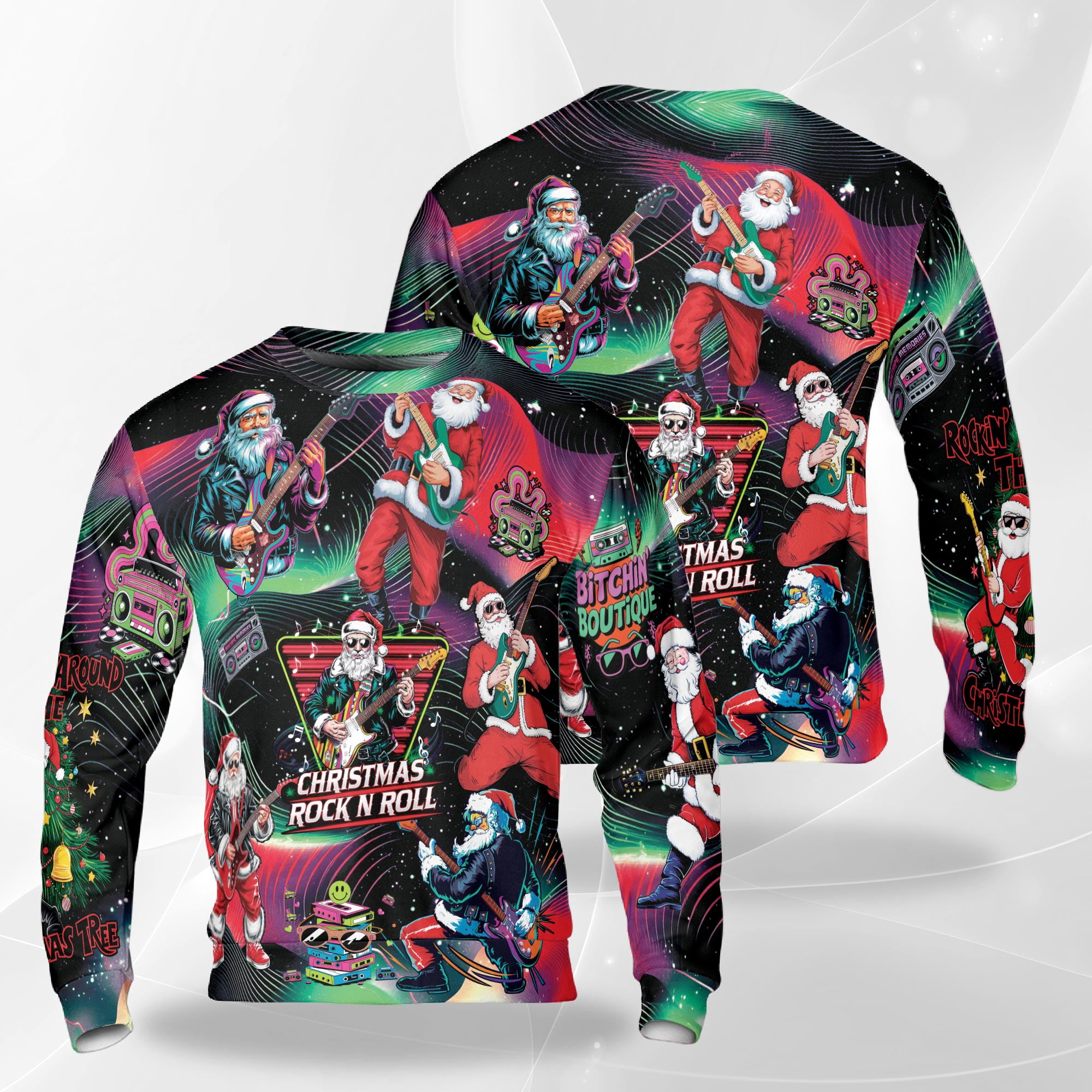 Rock N Roll Santa Christmas Sweatshirt, Retro Neon Guitar Santa ...