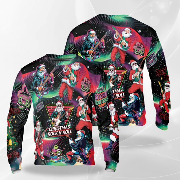 Rock N Roll Santa Christmas Sweatshirt, Retro Neon Guitar Santa ...