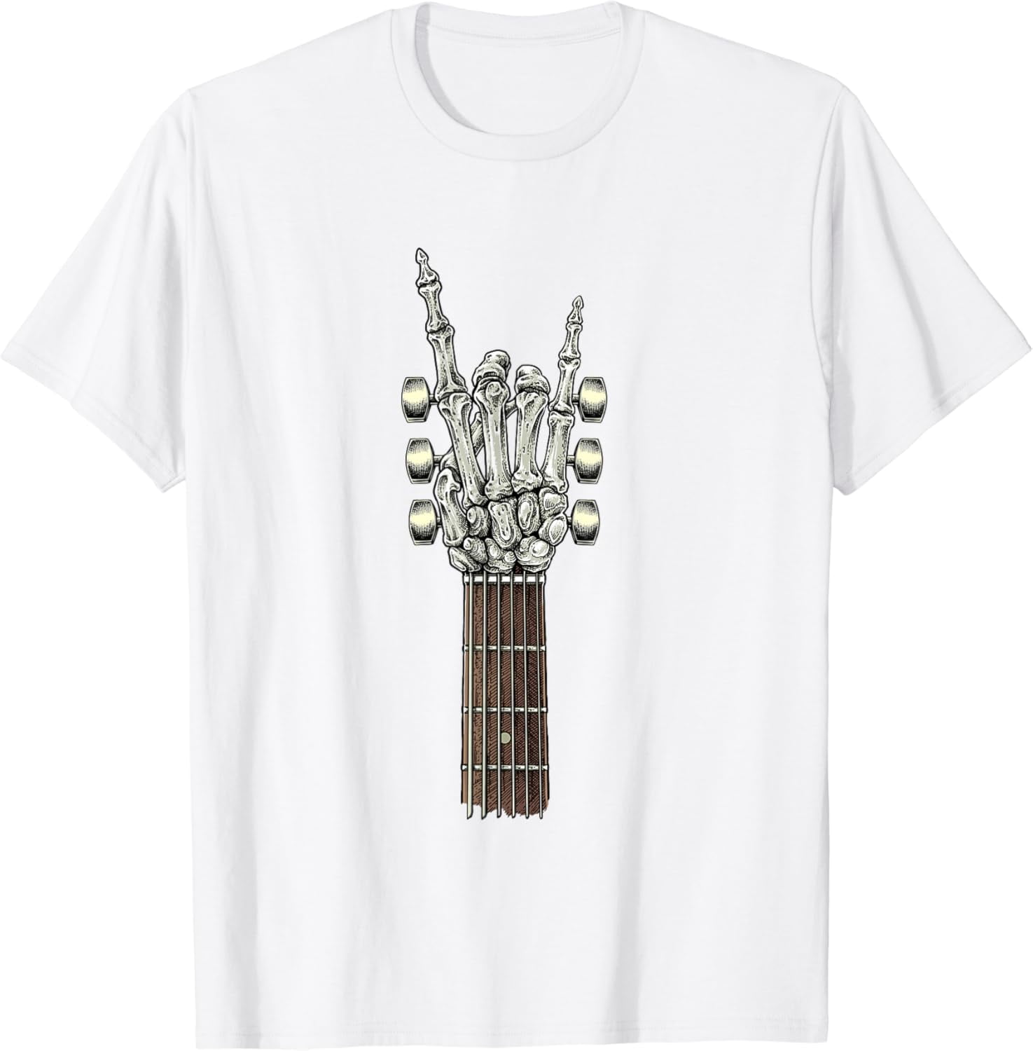Rock On Guitar Neck Skeleton Hand Sign Rock & Roll Band Tees T-Shirt ...
