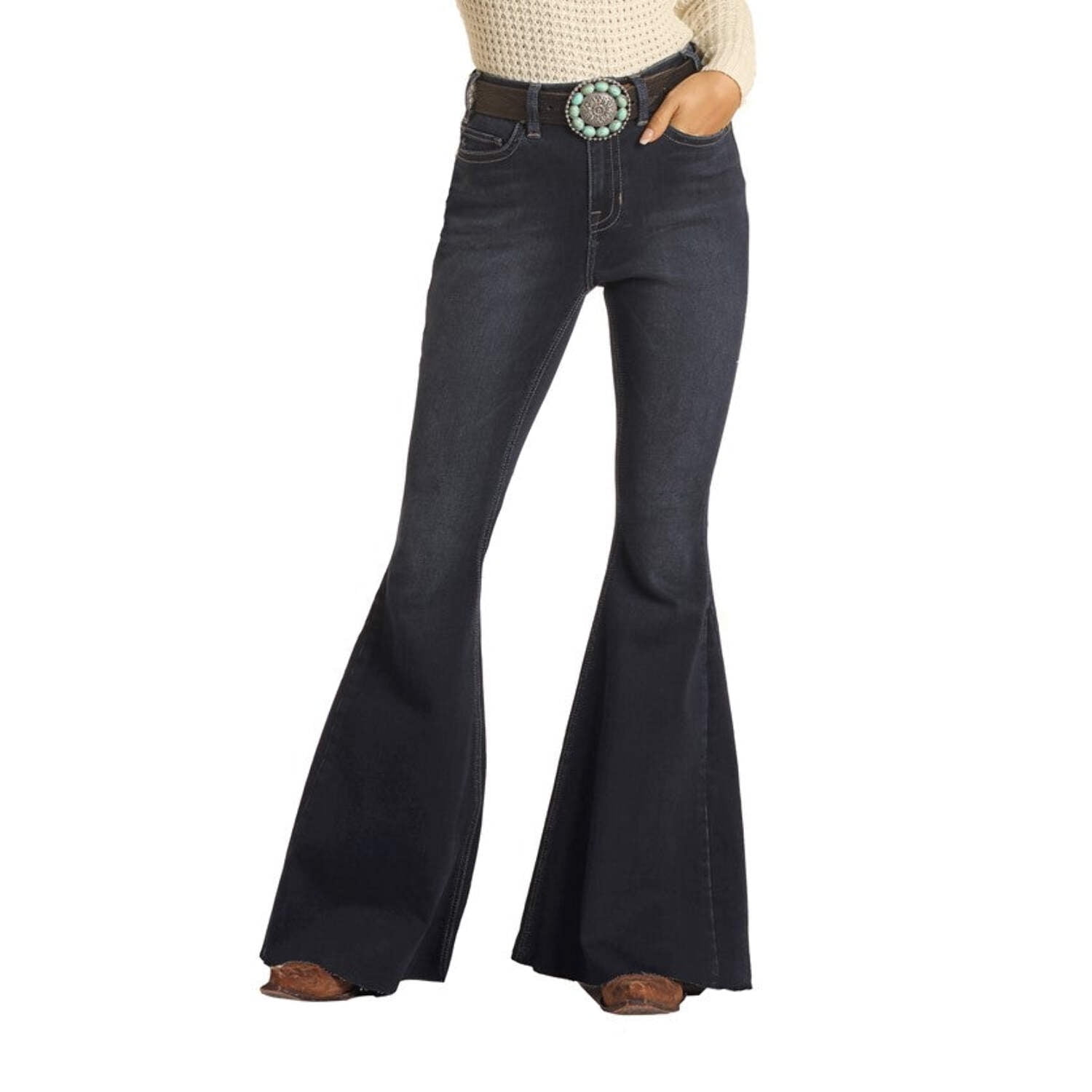 Rock Roll Cowgirl Ladies Dark Wash Denim Bell Bottoms WHB1669 - Walmart.com