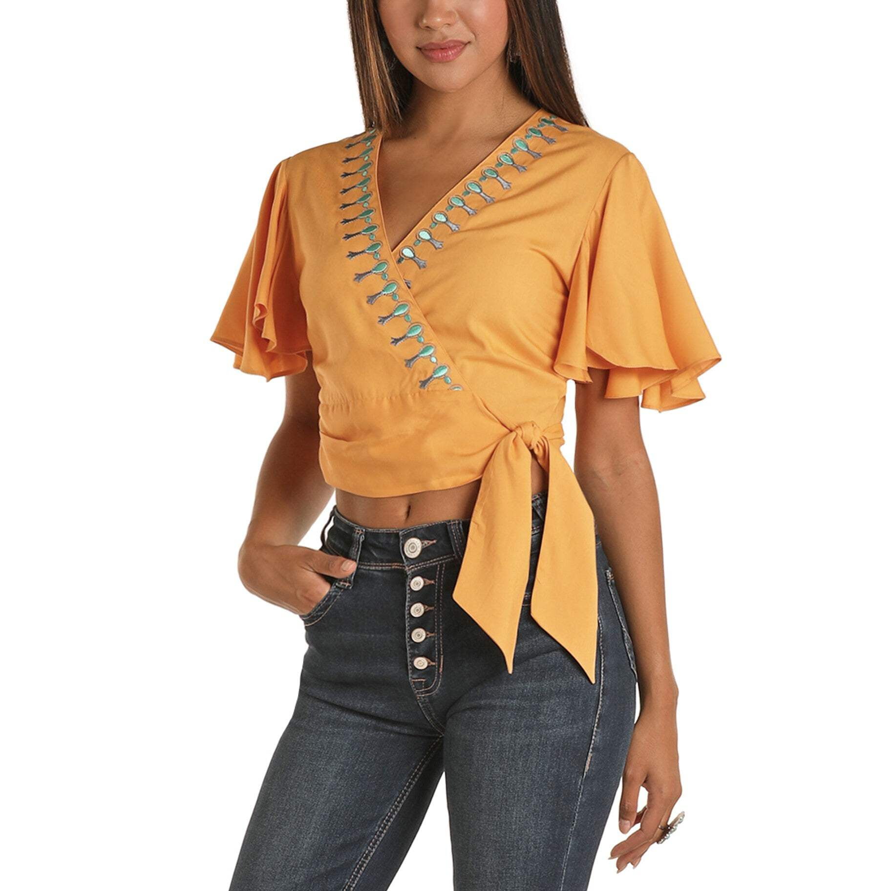 Rock Roll Cowgirl Ladies Wrap Around Gold Blouse B5-8388 - Walmart.com