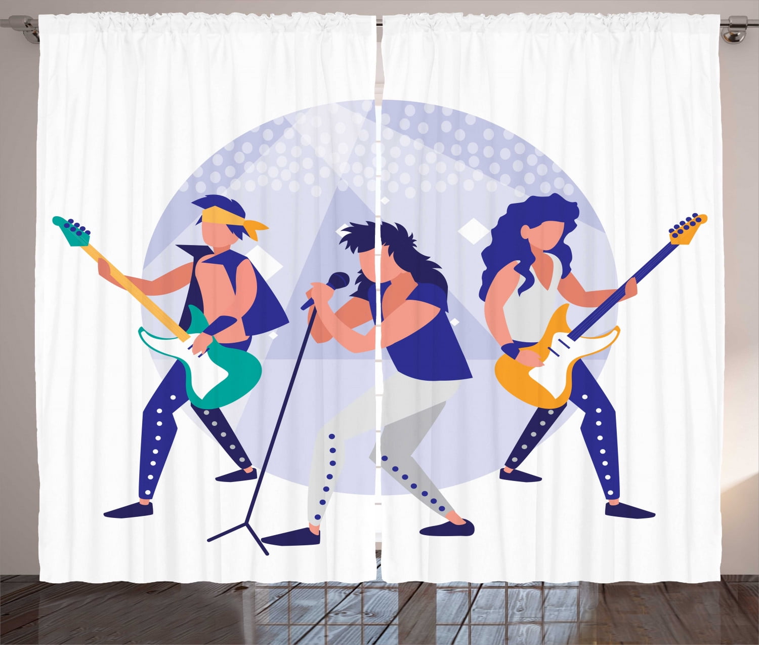 Rock and Roll Curtains 2 Panels Set, Band of Musician Playing Guitars ...