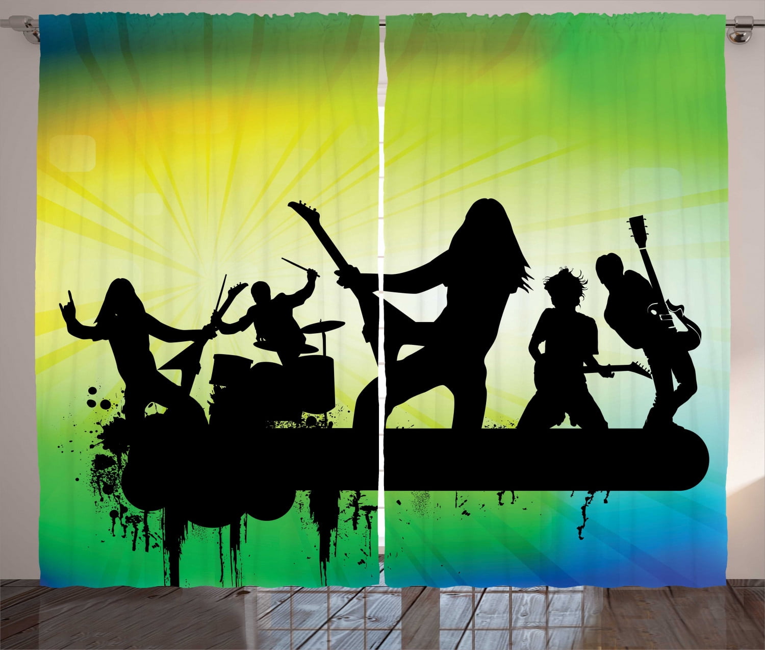 Ambesonne Rock and Roll Curtains 2 Panel Set, Energetic Rock Band, 108 ...