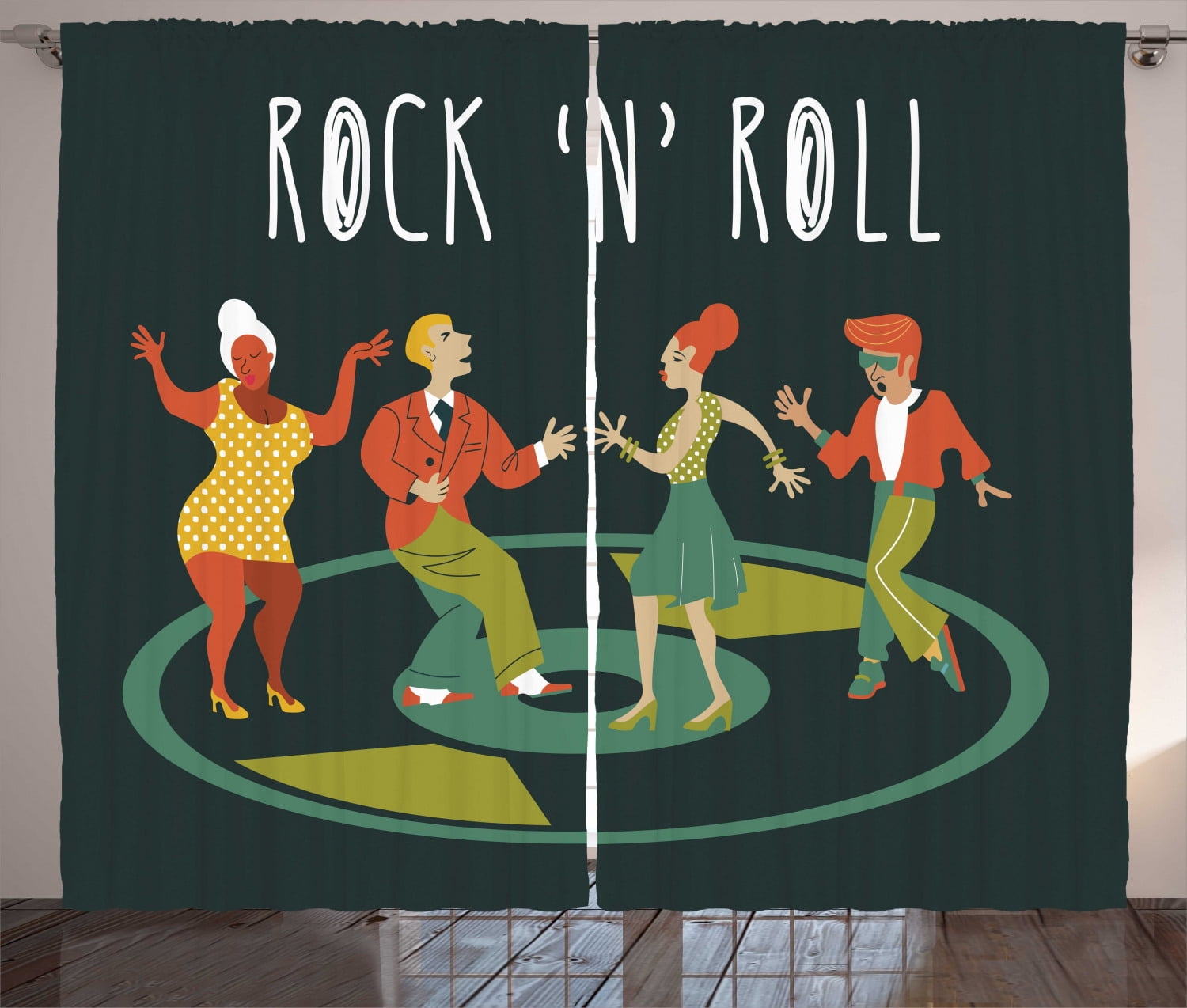 Rock and Roll Curtains 2 Panels Set, Illustration of People Dancing at ...