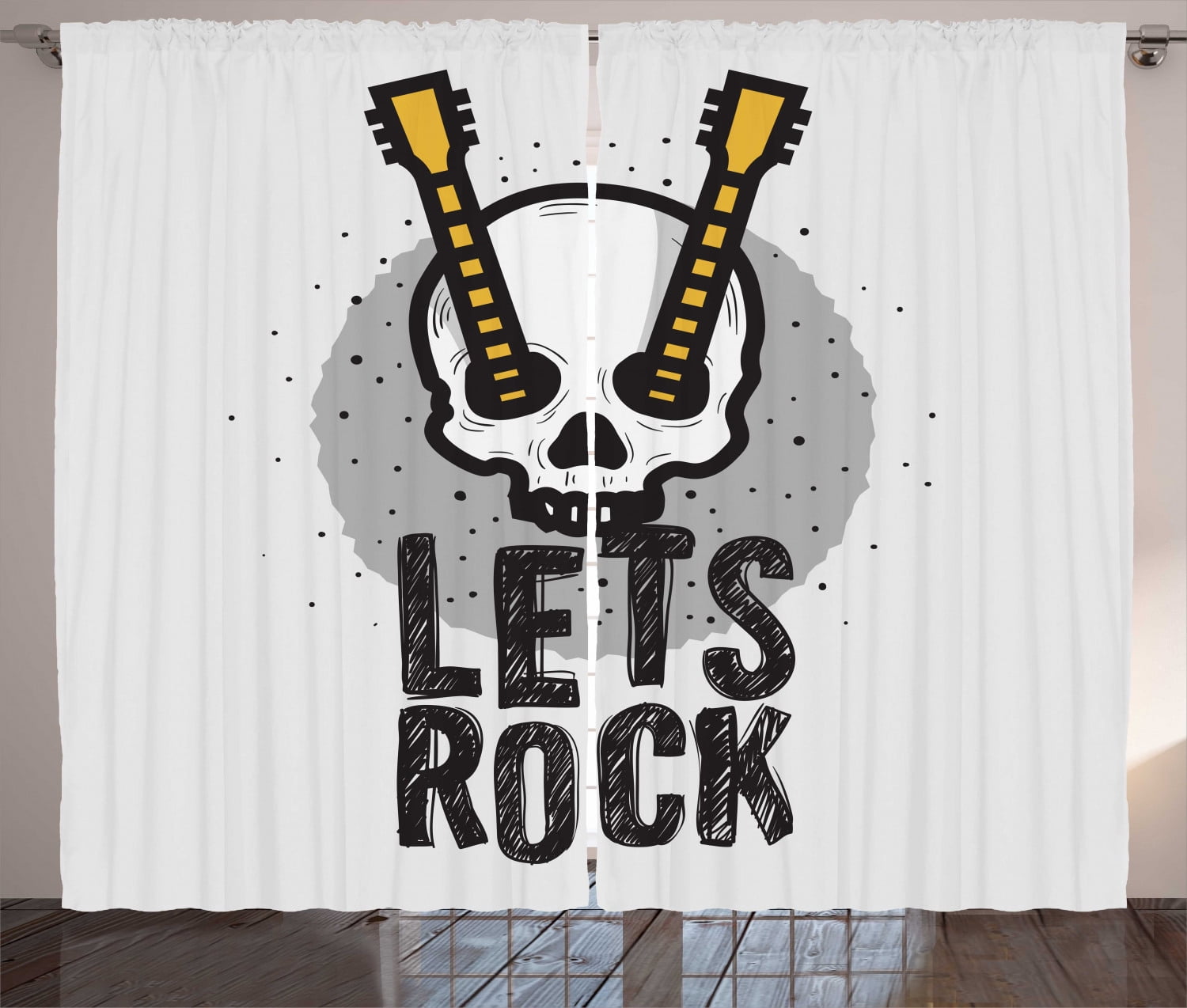 Ambesonne Rock and Roll Curtains 2 Panel Set, Human Skull Guitar, 108 ...