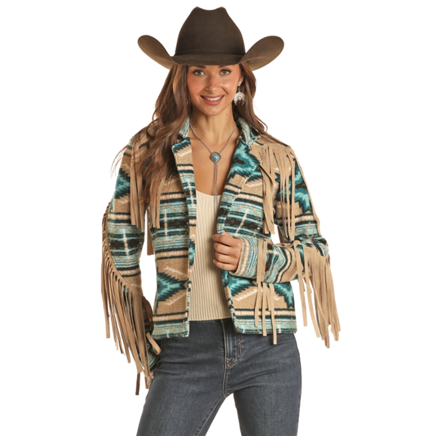 Rock Roll Denim Ladies Aztec Fringe Turquoise Jacket BW92C01938 ...