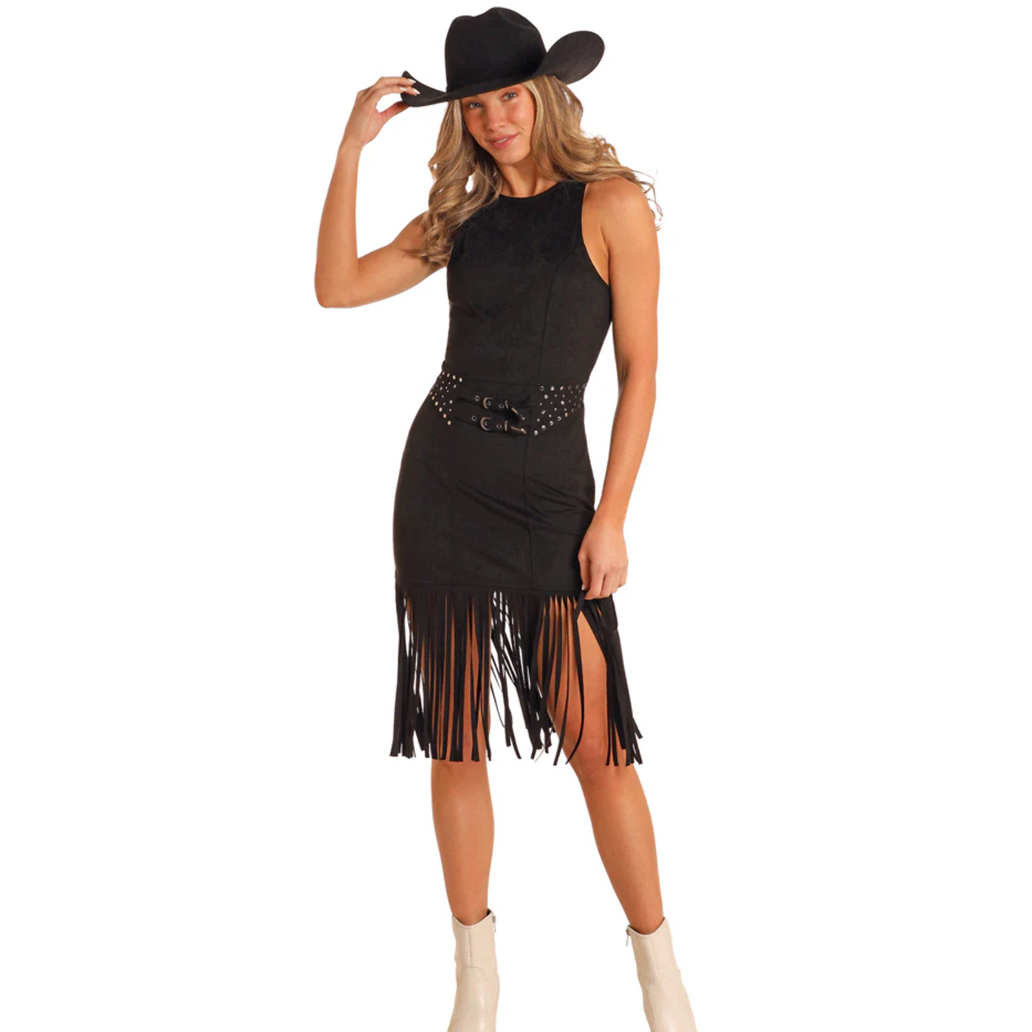 Rock Roll Denim Ladies Micro Suede Black Fringe Dress BWD0R05279-01 ...