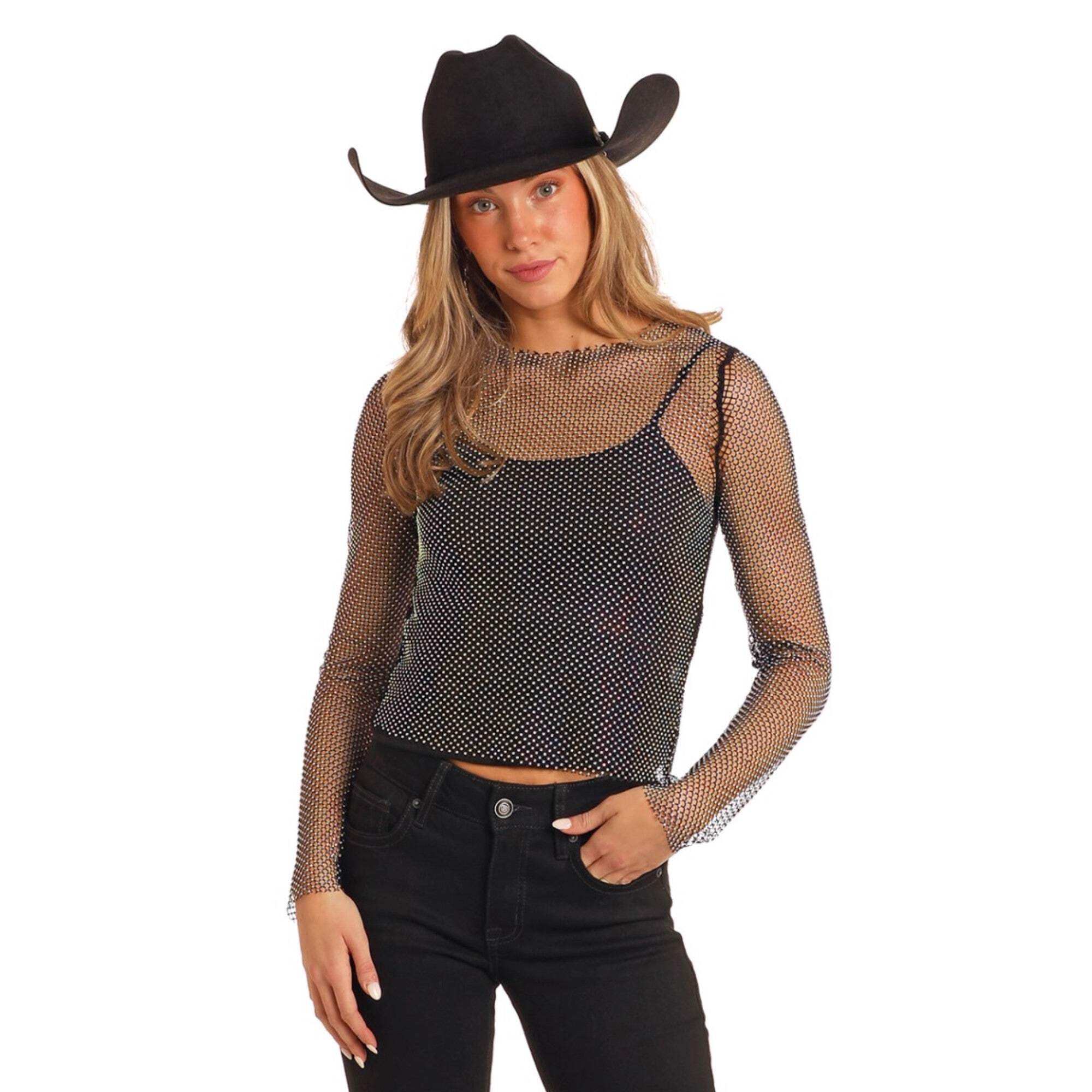 Rock Roll Denim Ladies Rhinestone Mesh Black Top BW52T05250 - Walmart.com