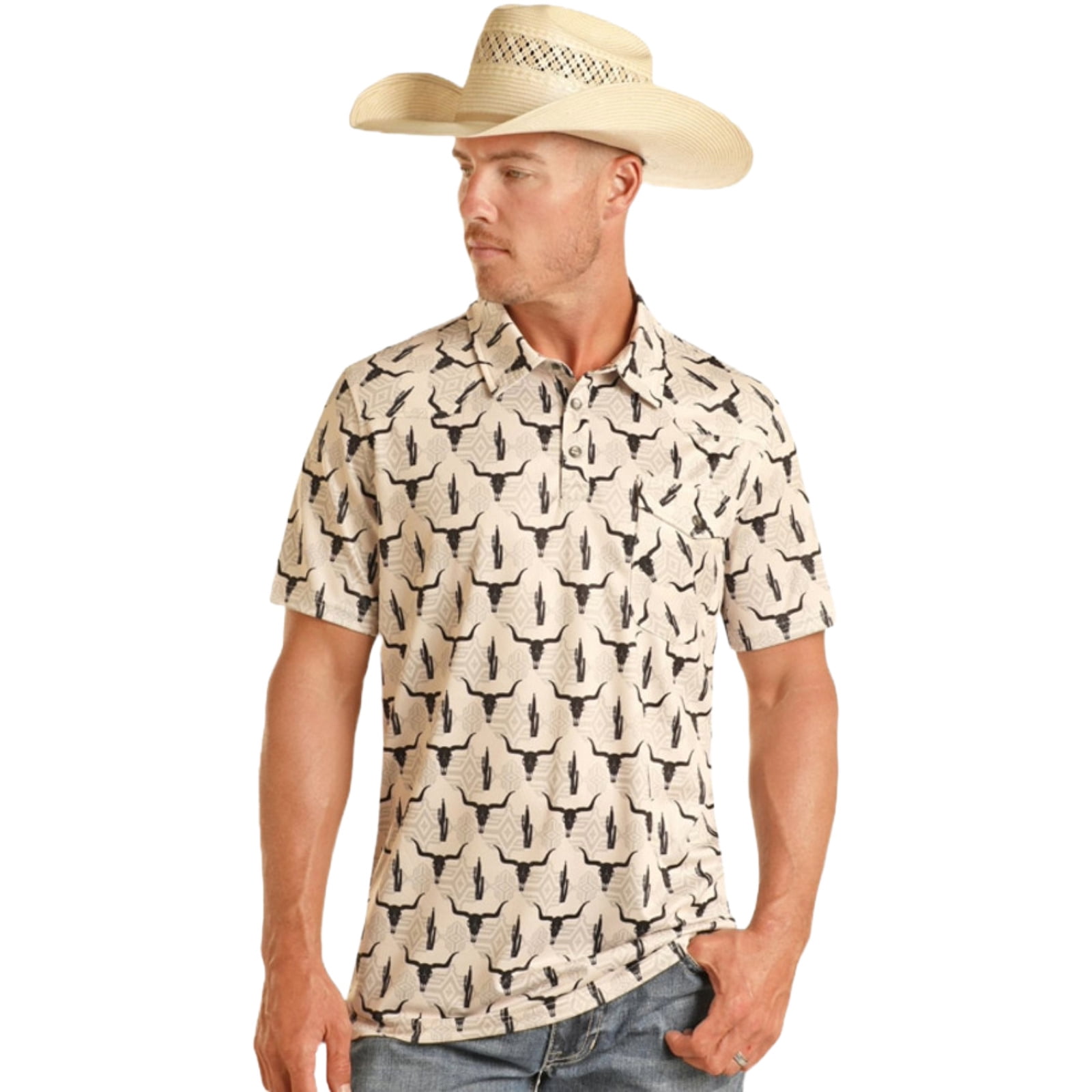 Rock Roll Denim Men's Longnhorn Western Natural Polo Shirt BM53T03976 ...