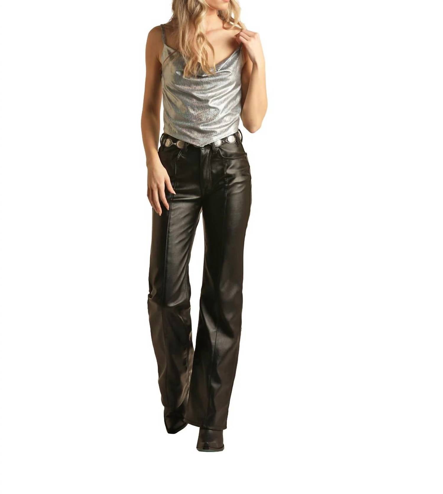 Rock & Roll Denim Pleather High Rise Relaxed Flare Jeans - Walmart.com