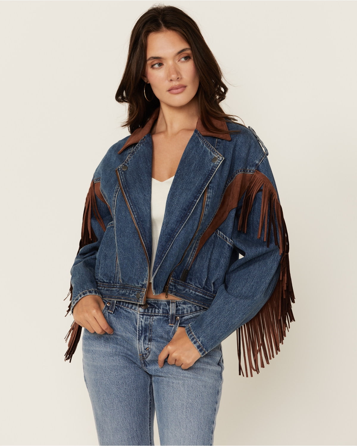 Rock & Roll Denim Women's And Medium Wash Faux Suede Fringe Jacket ...