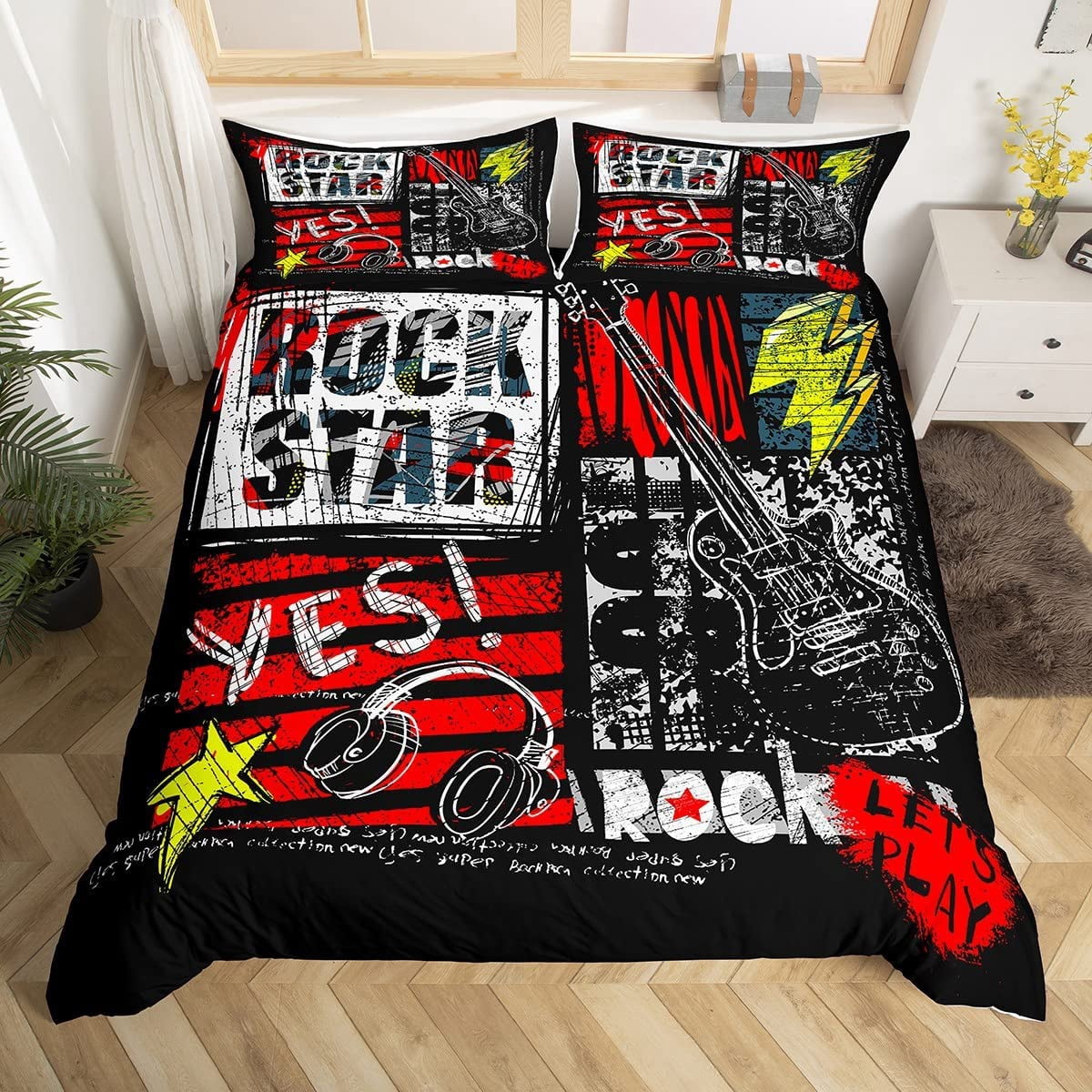 Rock Roll Duvet Cover Set King Size, Headset Guitar Bedding Set for ...