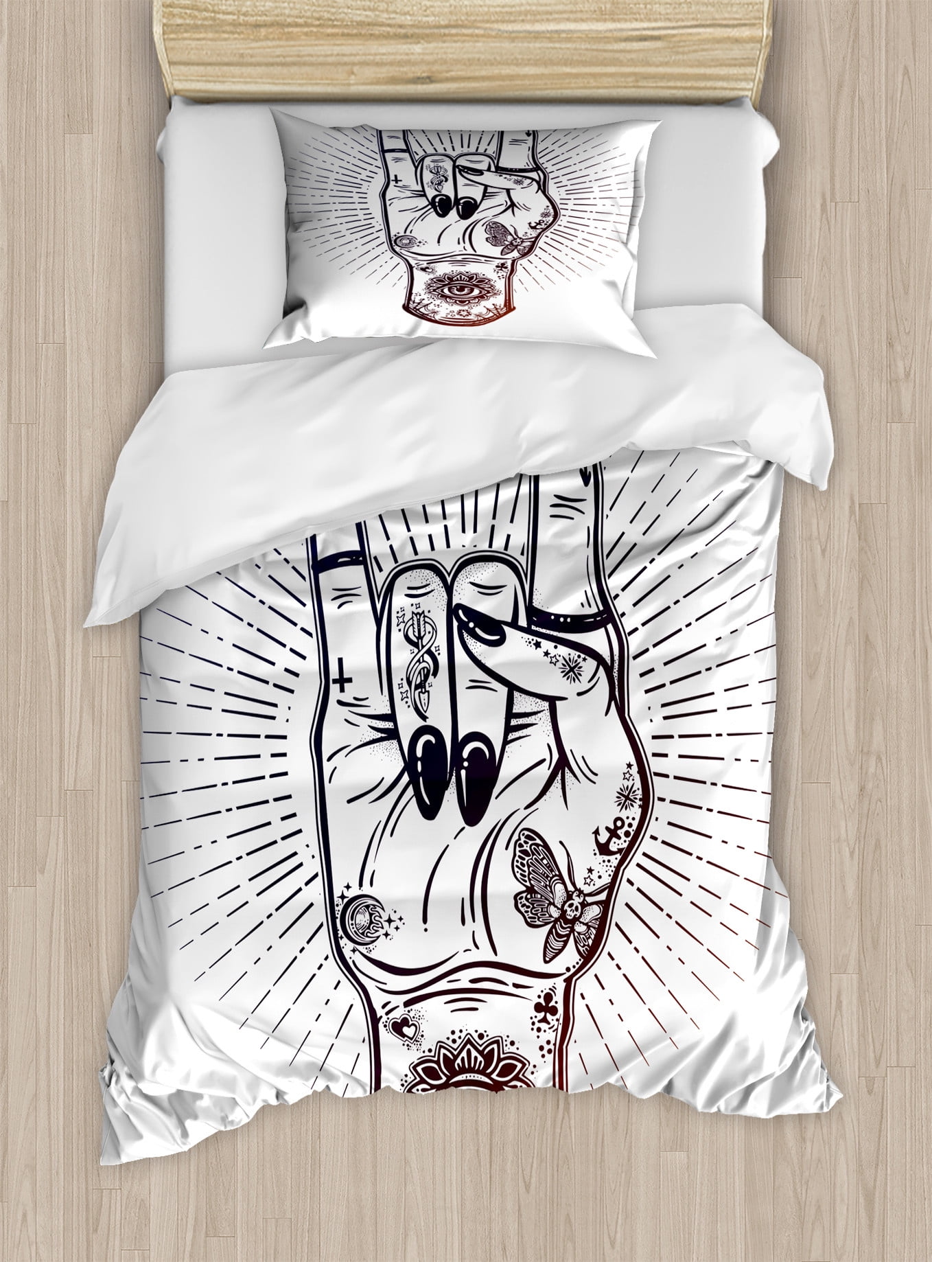 Rock and Roll Duvet Cover Set, Raised Tattooed Human Hand Doing the ...