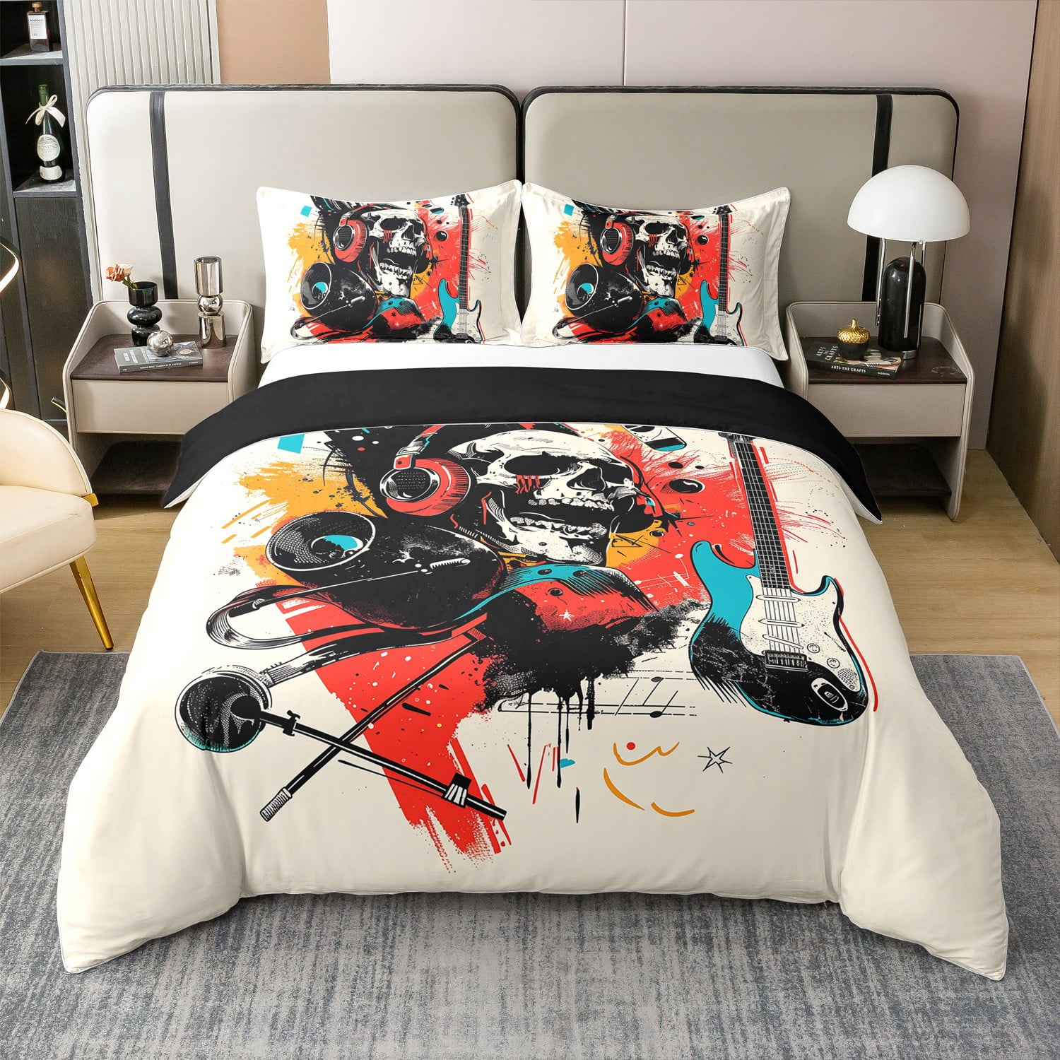 Rock Roll Skull 100% Organic Cotton Duvet Cover Twin, Abstract Colorful ...
