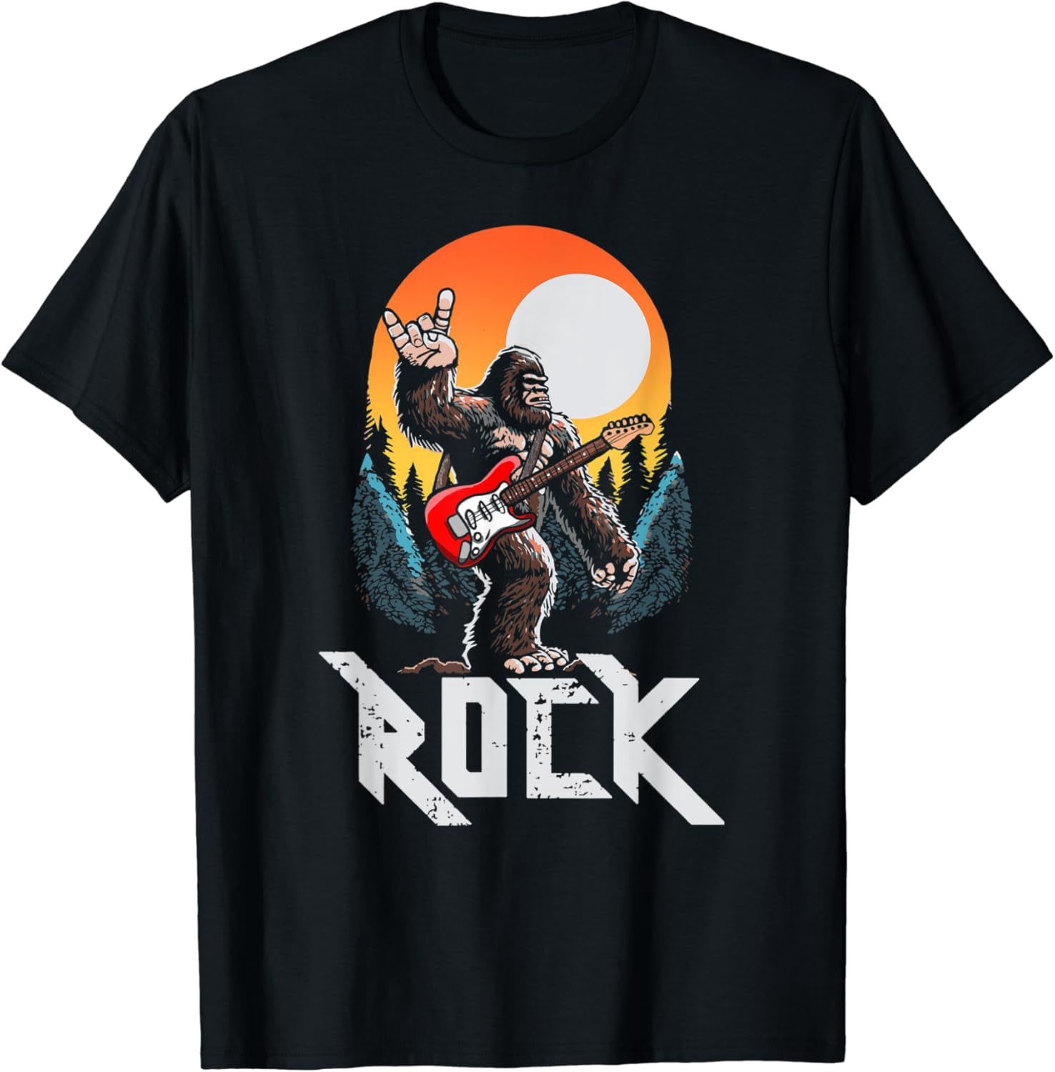 Rock! Sasquatch Rock & Roll Bigfoot Electric Guitar Rock On T-Shirt ...
