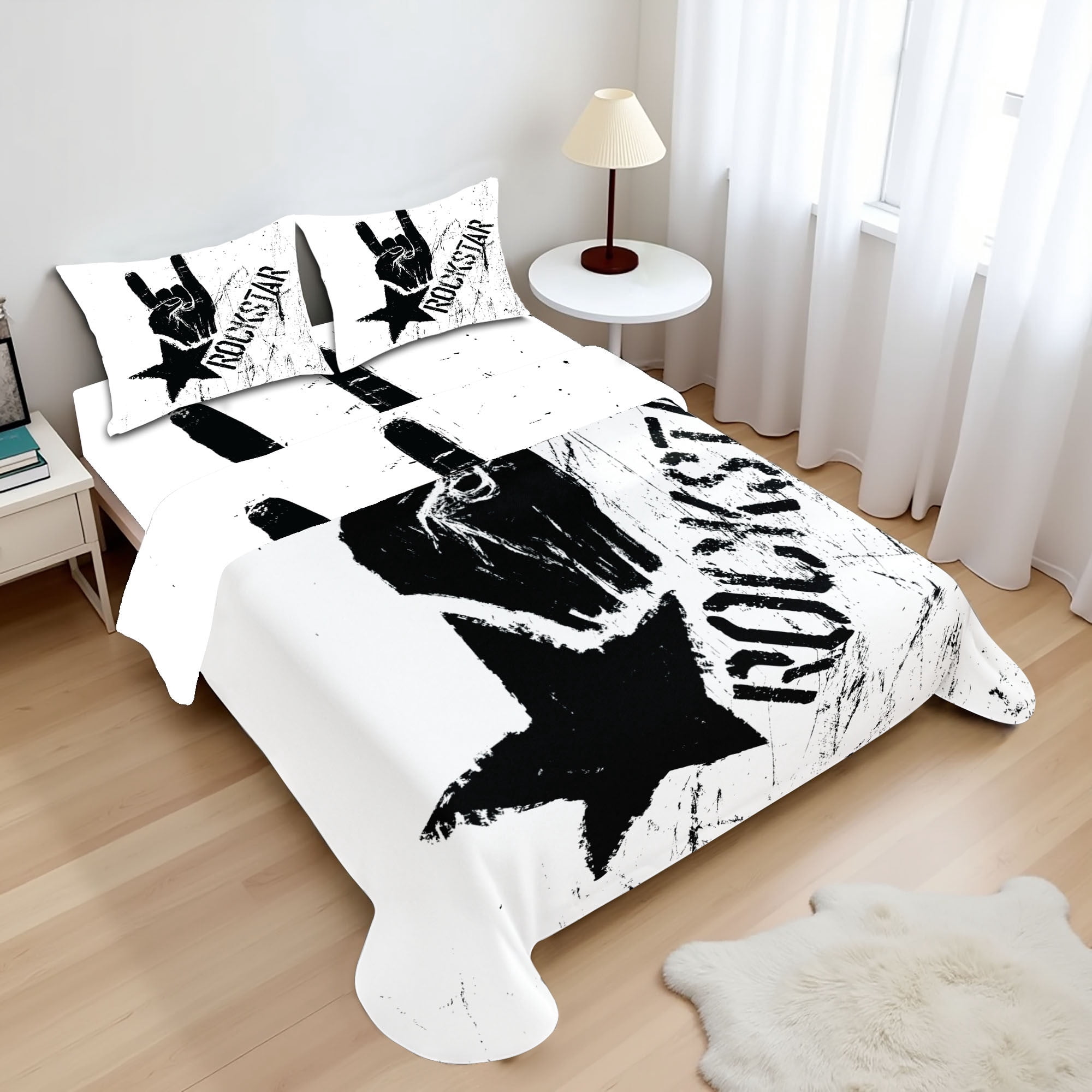Ambesonne Rock Fitted & Top Sheet Set with Shams, Grunge Effect Hand ...