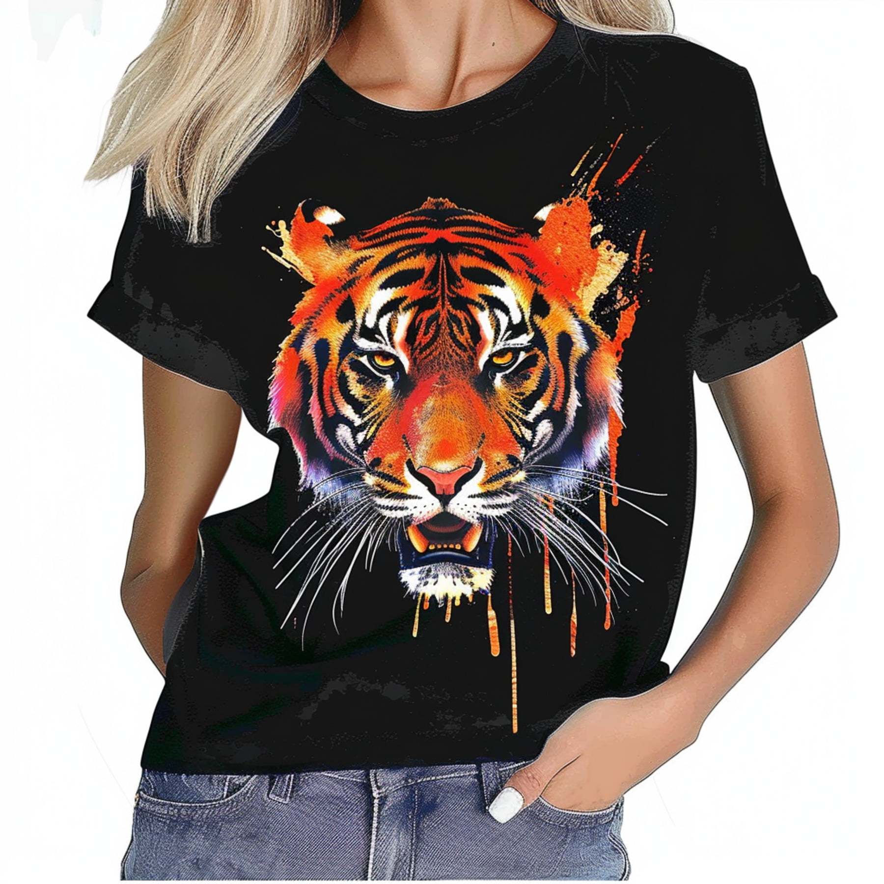 Rock Style Tiger Head Print Black TShirt with Colorful Palette ...
