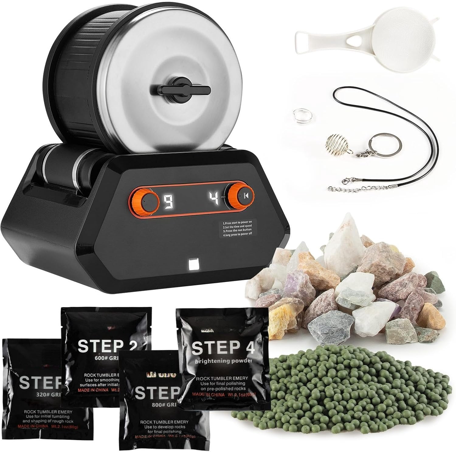 Rock Tumbler Kit, 3 lbs Rock Polishing Kit, 4 Speed Settings 9-Day ...