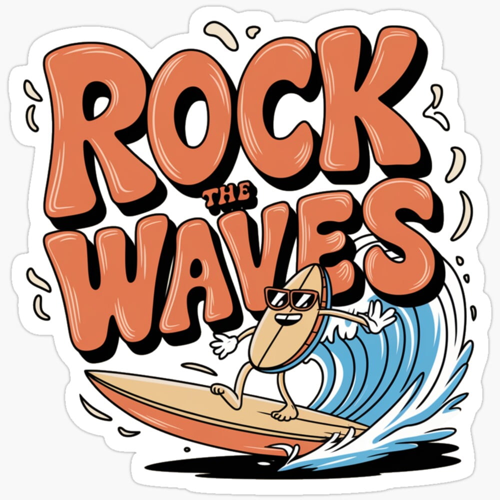 Rock The Waves Surfboard Cartoon Design Stickerphone Decal Water Bottle ...