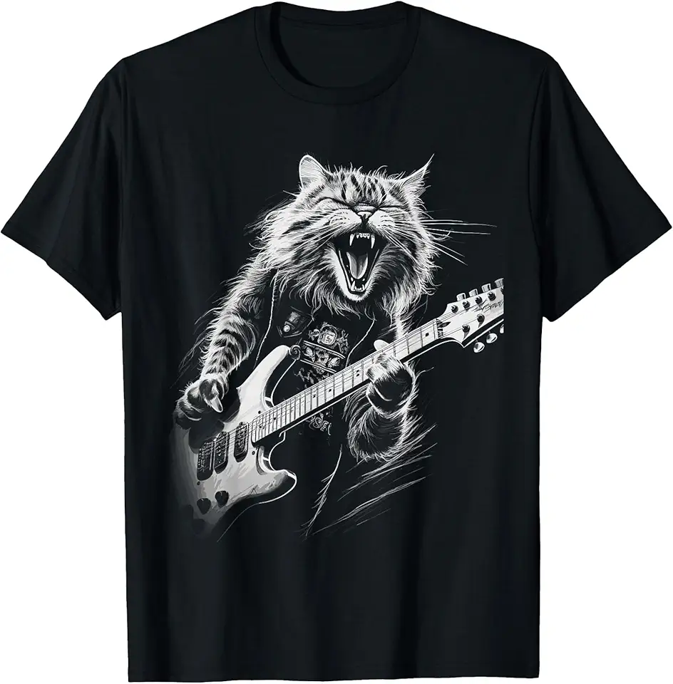 Rock and Roll Cat Playing Guitar Unisex Graphic Short Sleeve Tee ...