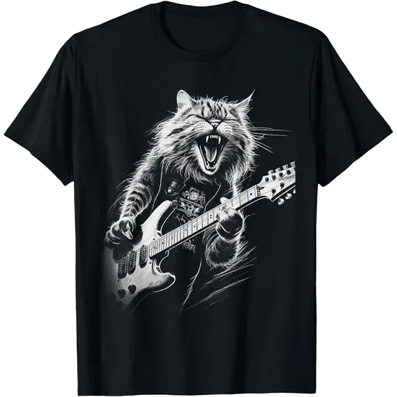 Rock and Roll Cat Playing Guitar Unisex Graphic Short Sleeve Tee ...