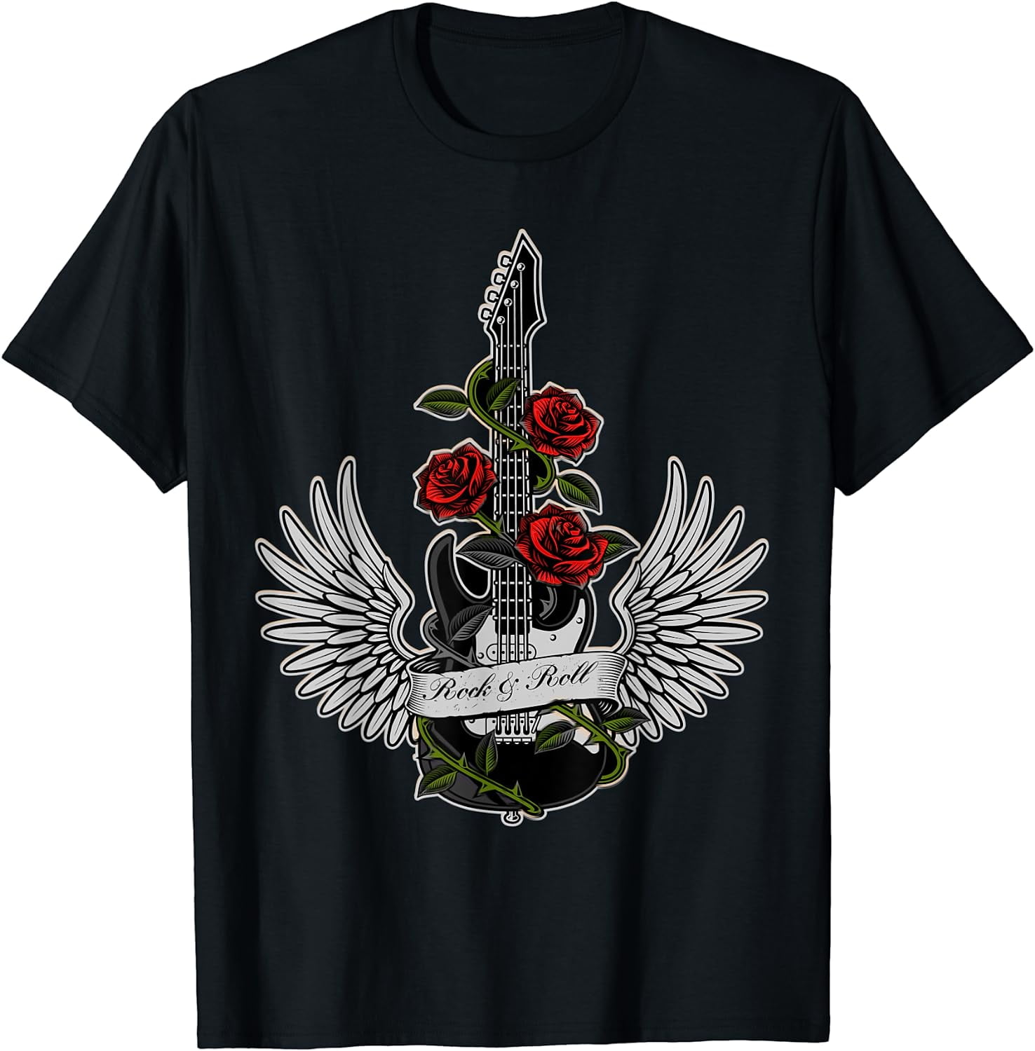 Rock and Roll Wings Rose Guitar Music Lovers T-Shirt Black Large ...