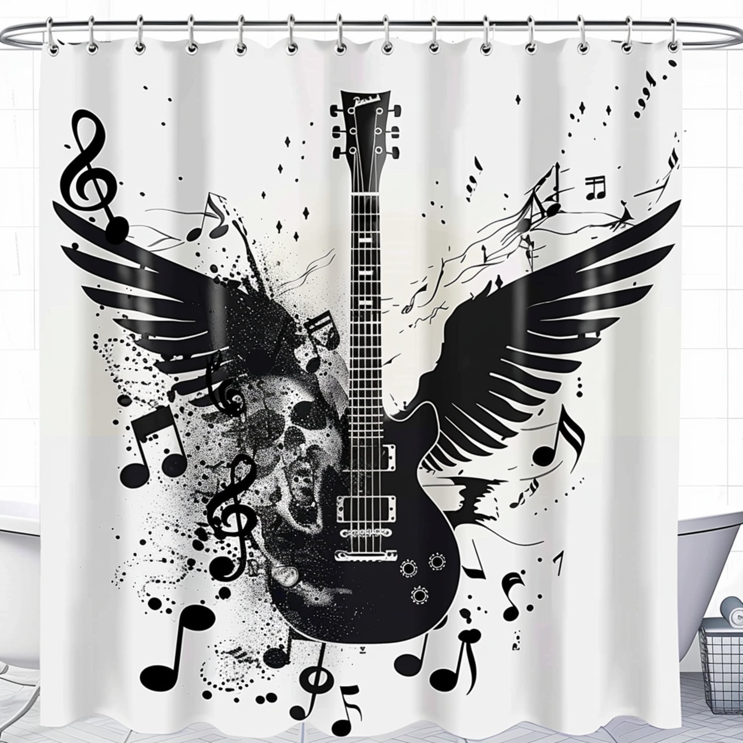 Rock 'n' Roll Guitar Wings Shower Curtain - Musical Notes Design for a ...