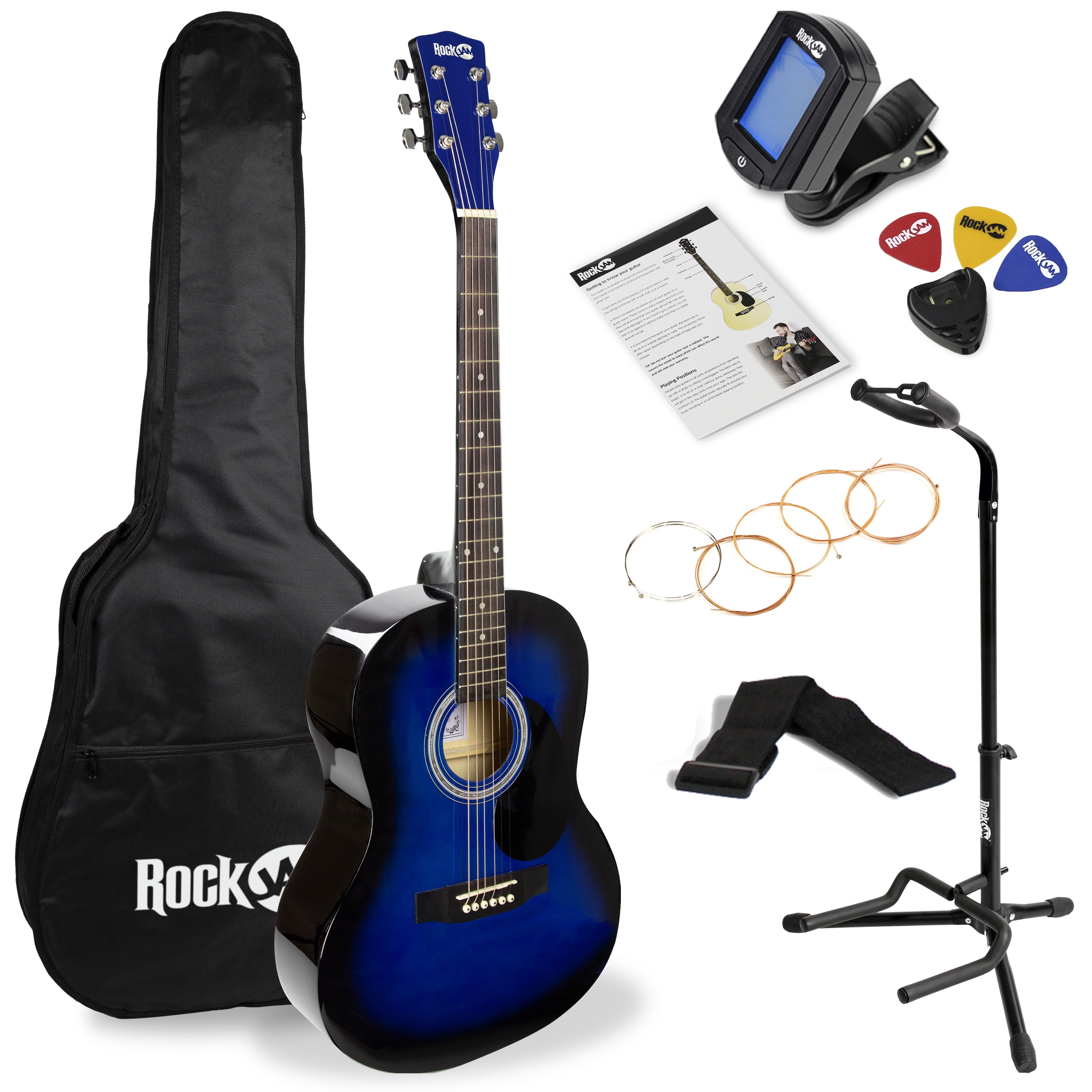 RockJam Acoustic Guitar Kit with Tuner, Bag, Stand, Strap & Lessons ...