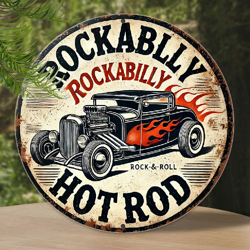 Rockabilly Vintage Car Theme Round Metal Sign, - Retro Aluminum Plaque ...