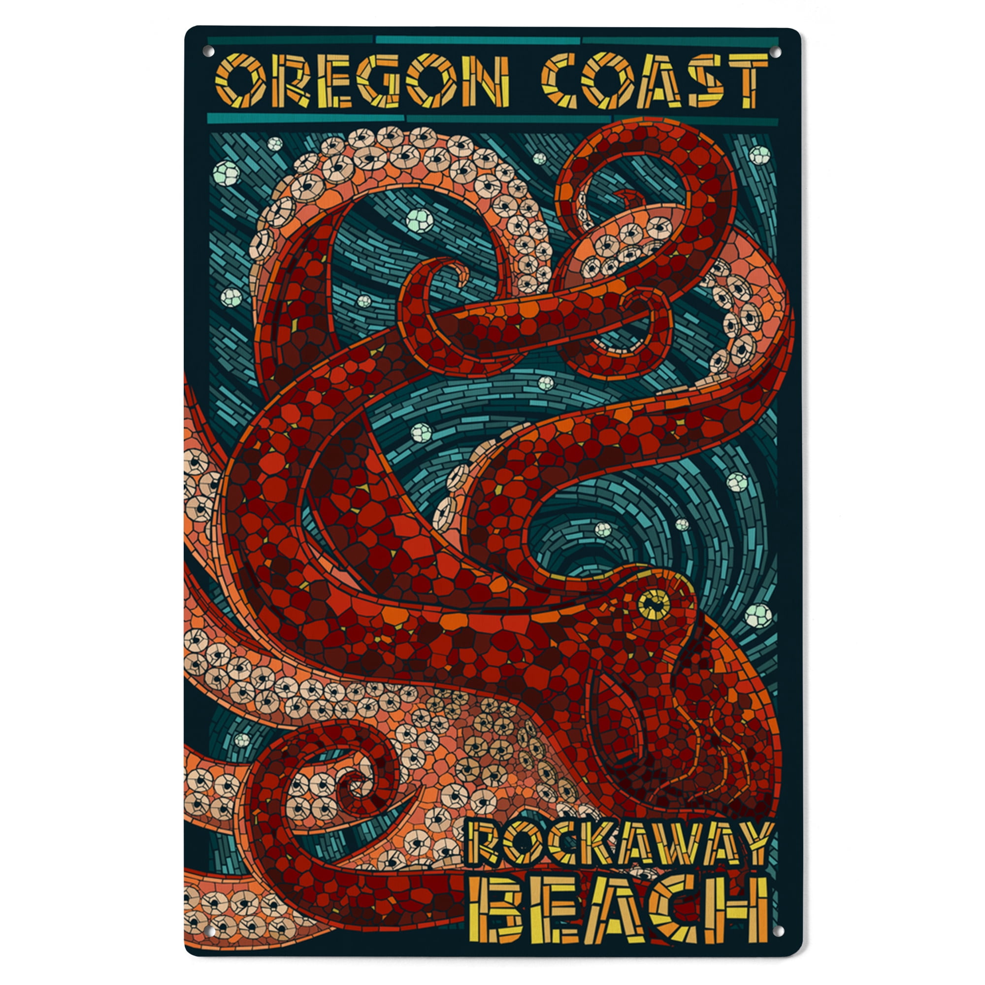 Rockaway Beach, Oregon, Mosaic Octopus Birch Wood Wall Sign (6x9 Rustic ...