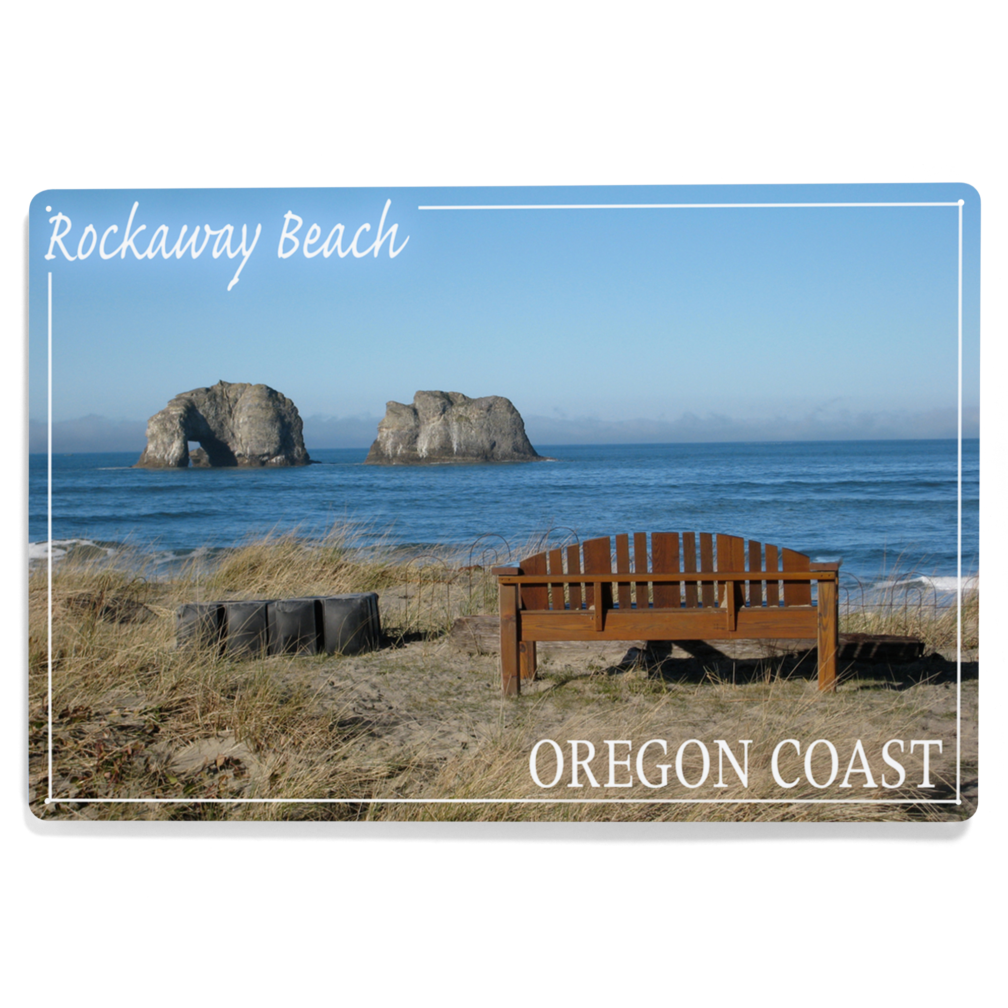 Rockaway Beach, Oregon, Rockaway Beach and Bench (12x18 Aluminum Art ...