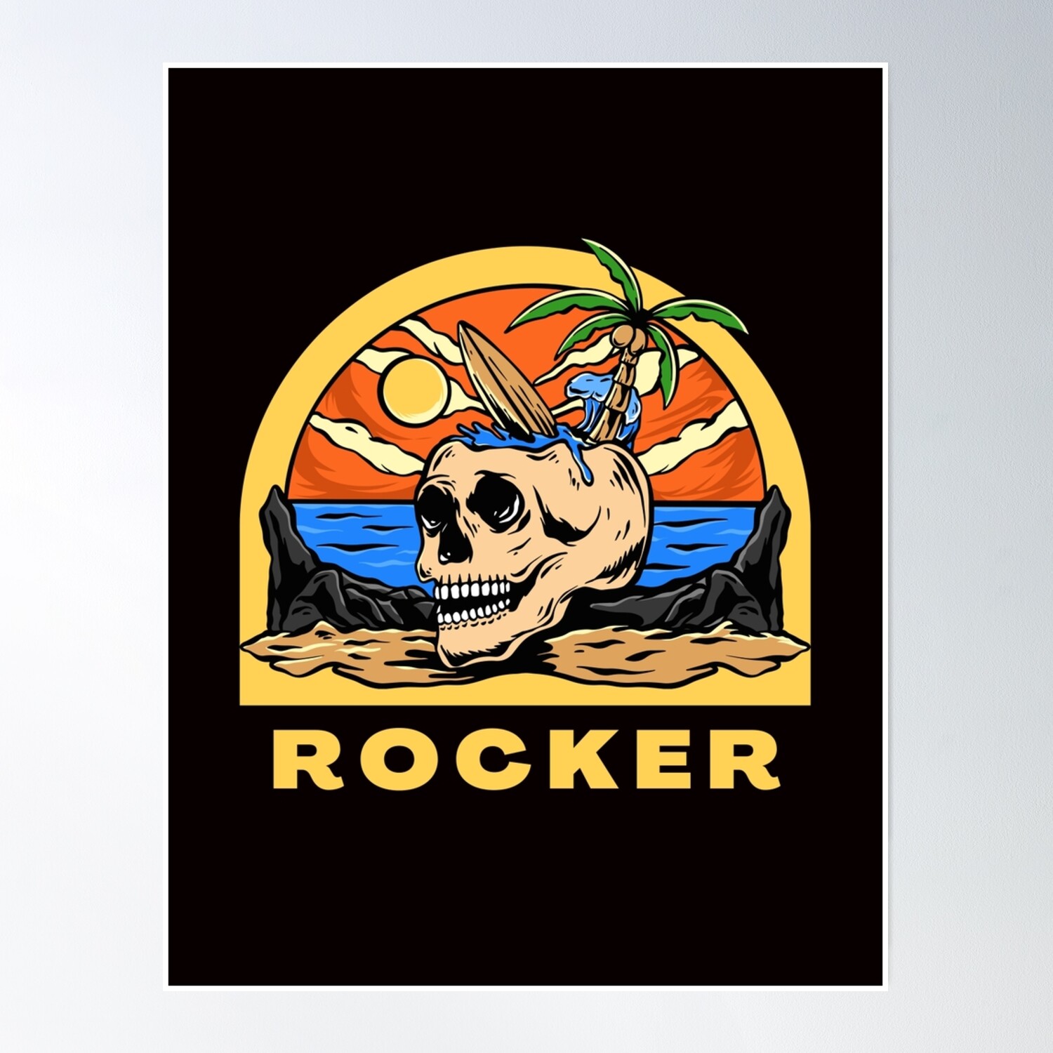 Rocker; Skull, Surf Board, Beach, Palm Tree, Ocean Poster Wall Art ...