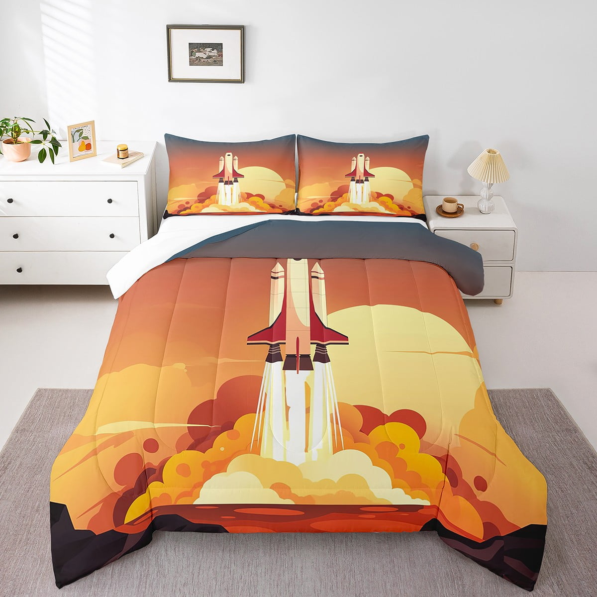 Rocket Comforter Sets Twin Size,Cartoon Retro Planet Bedding Set for ...