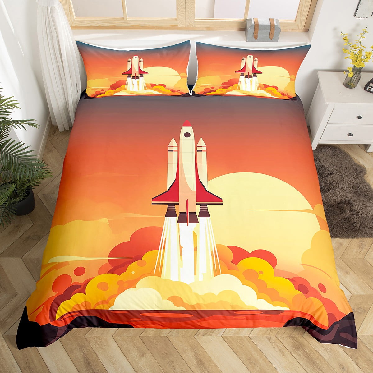 Rocket Duvet Cover Full,Cartoon Retro Planet Bedding Set,Technology and ...