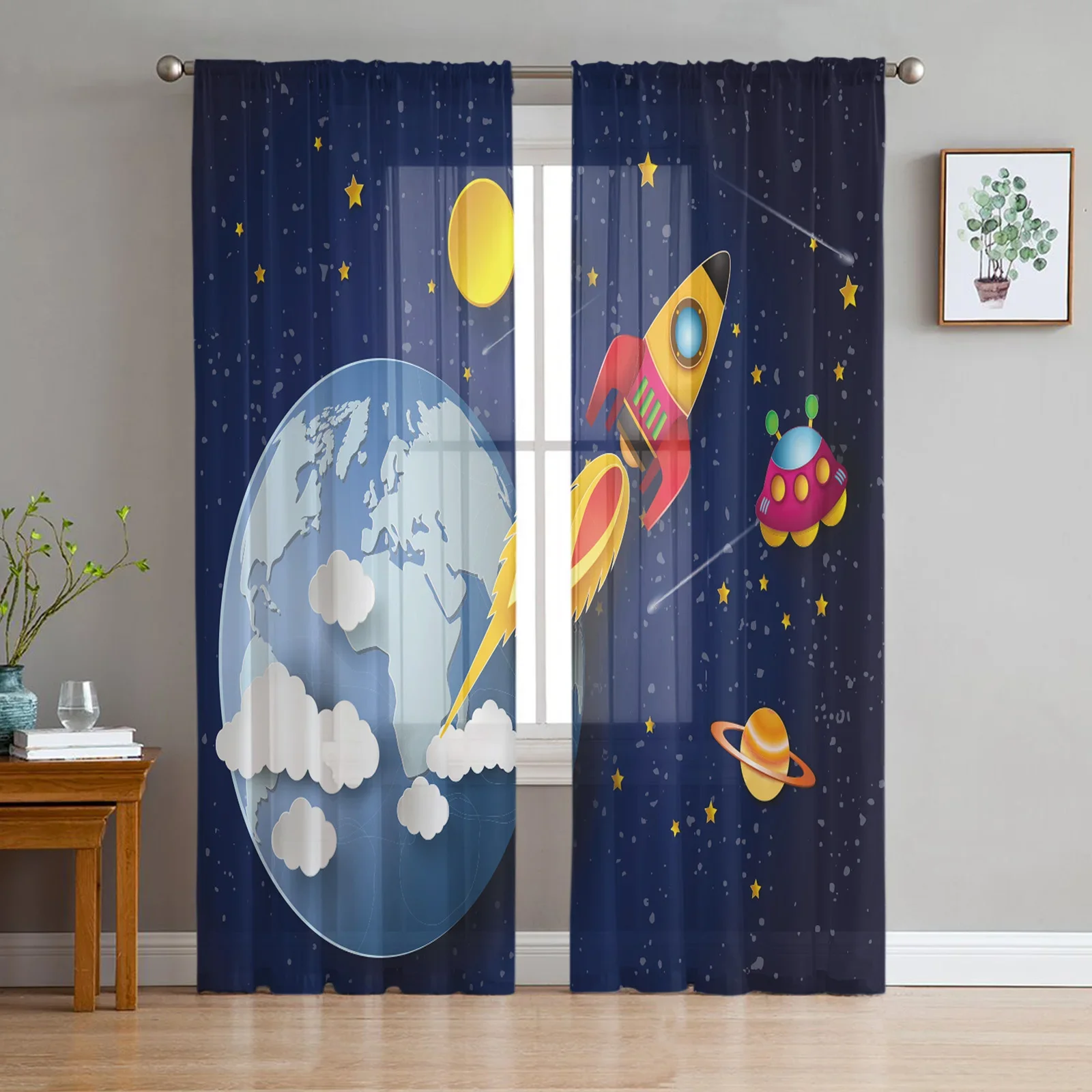 Rocket Flying Cartoon Universe Space White Tulle Sheer Window Curtains ...