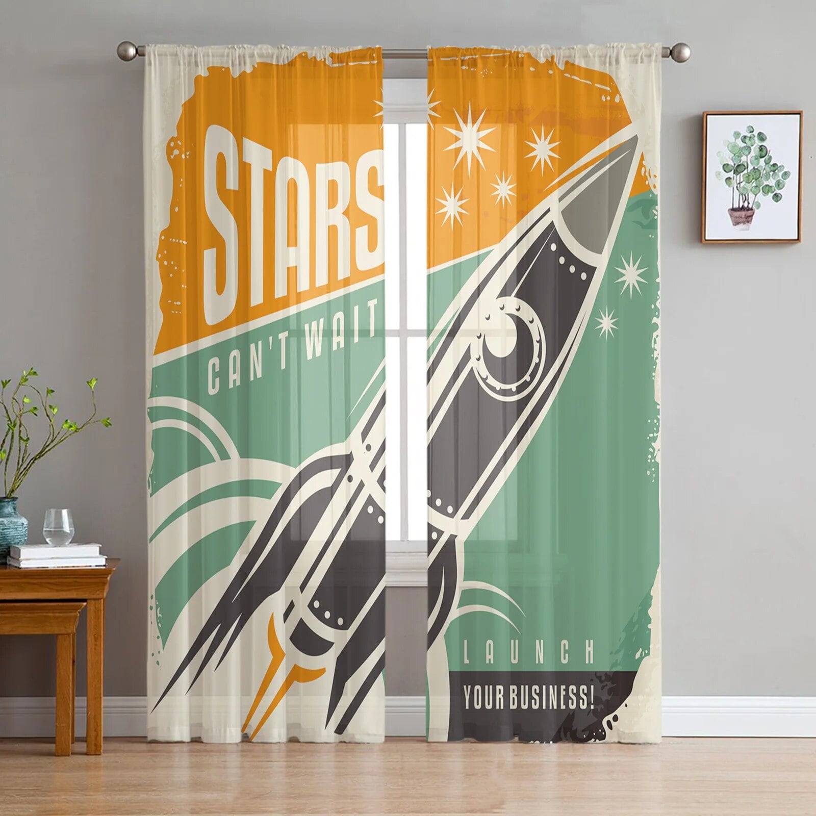 Rocket Letters Stars Retro Sheer Curtains for Living Room The Bedroom ...