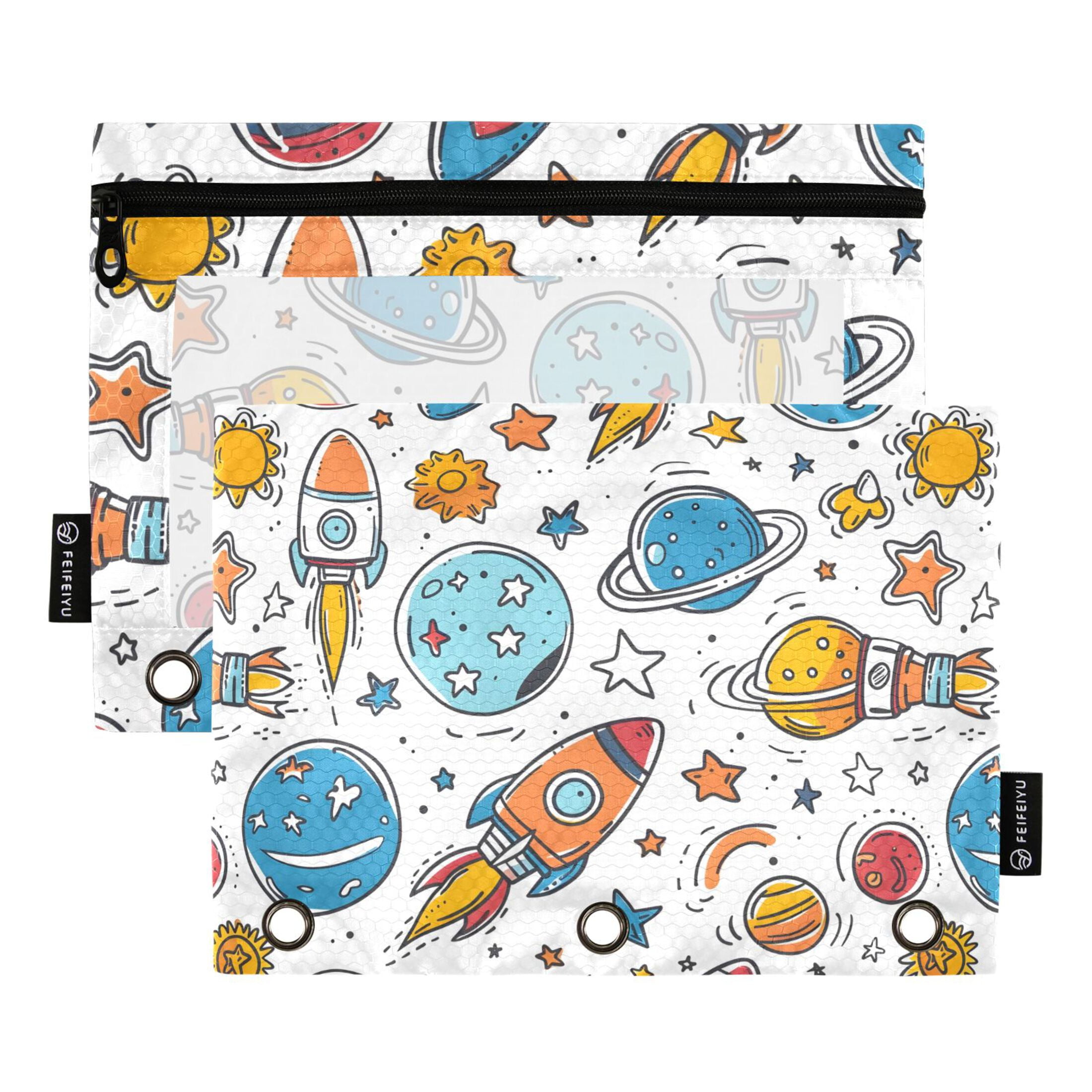 Rocket Planet Star Sun 2 Pack Pencil Pouch for 3 Ring Binder Smooth Zipper Folders with Pockets ...