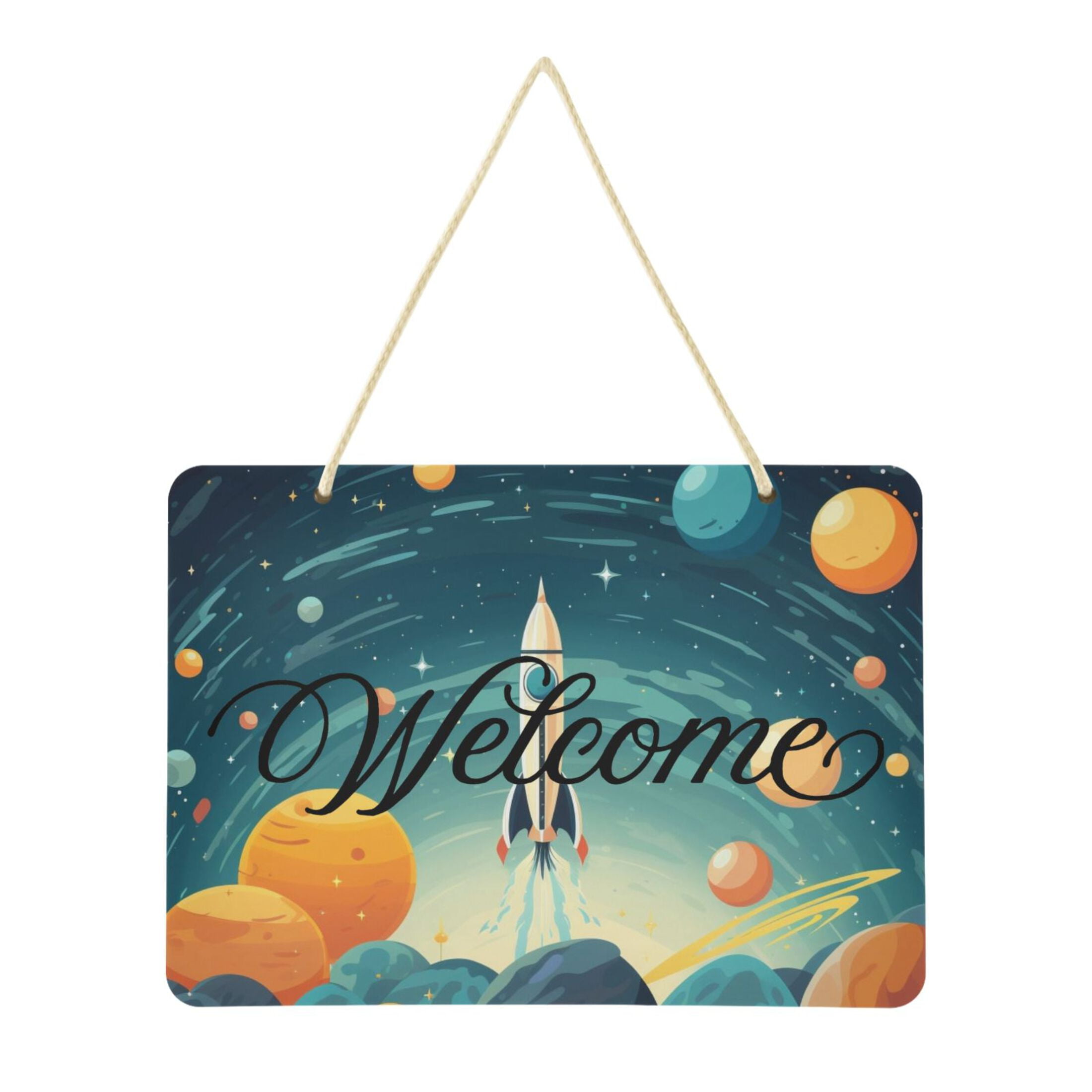 Rocket Planets Firmament Welcome Sign Front Door PVC 14x10 inch Hanger ...