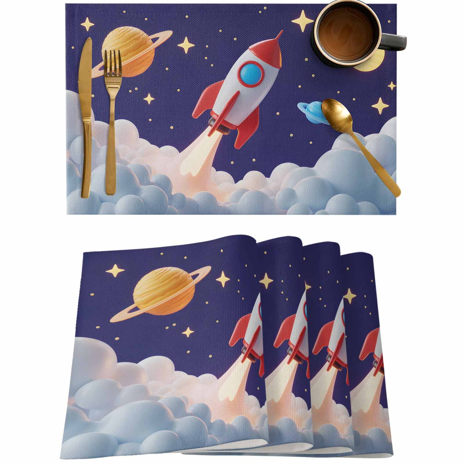 Rocket Space Universe Planet Placemats Set of 4,Wipeable Washable Table ...