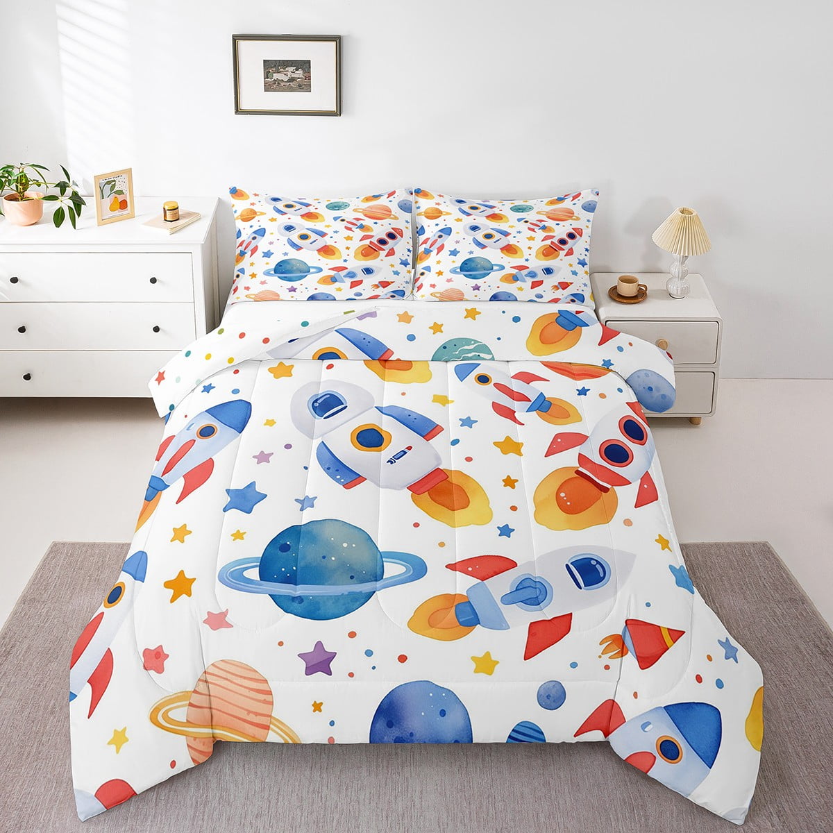 Rocket Bedding Set,Outer Space Planet Comforter Set Room Decor,Universe ...