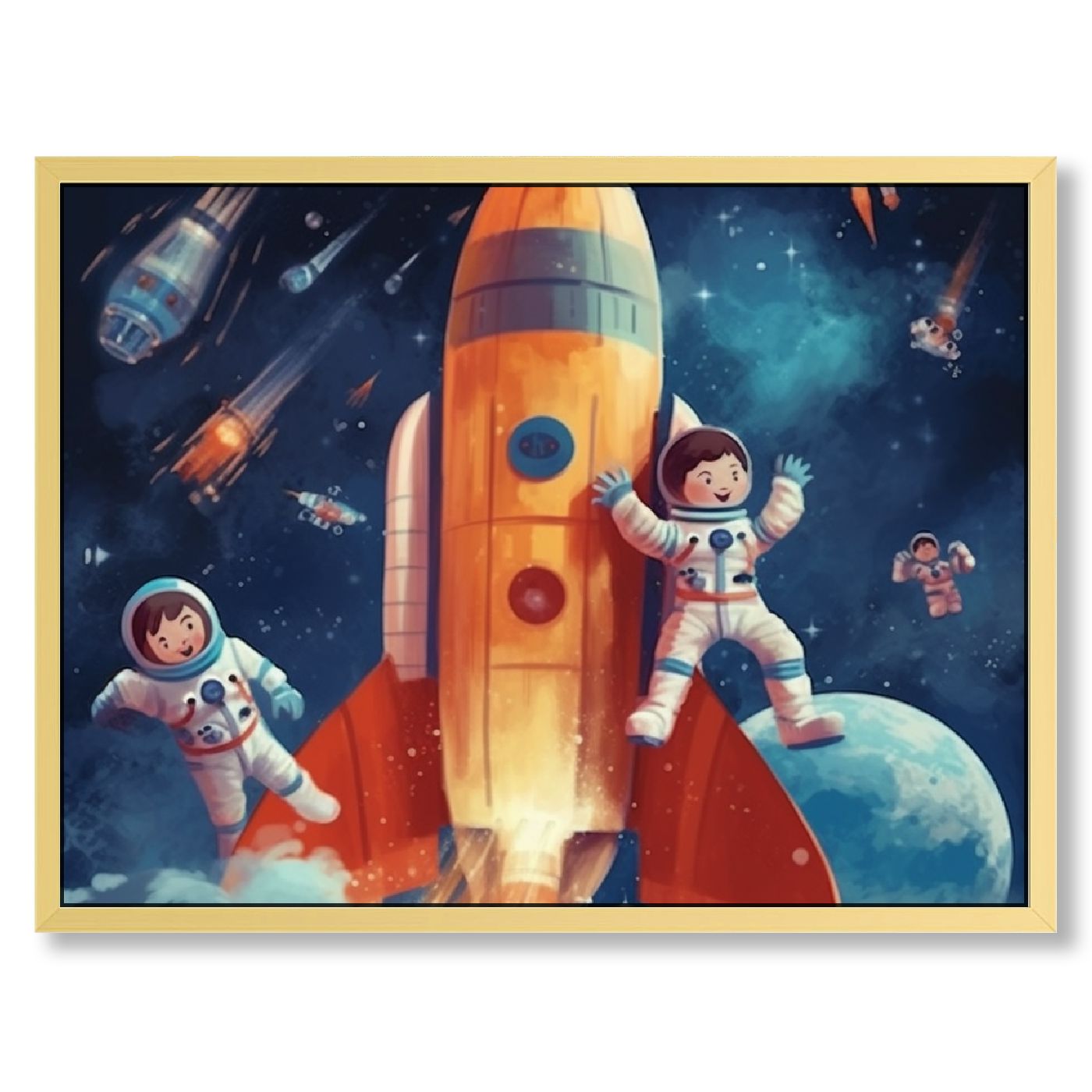Rocket Wall Art Decor, Cartoon Spaceman in Rocket Canvas Painting ...