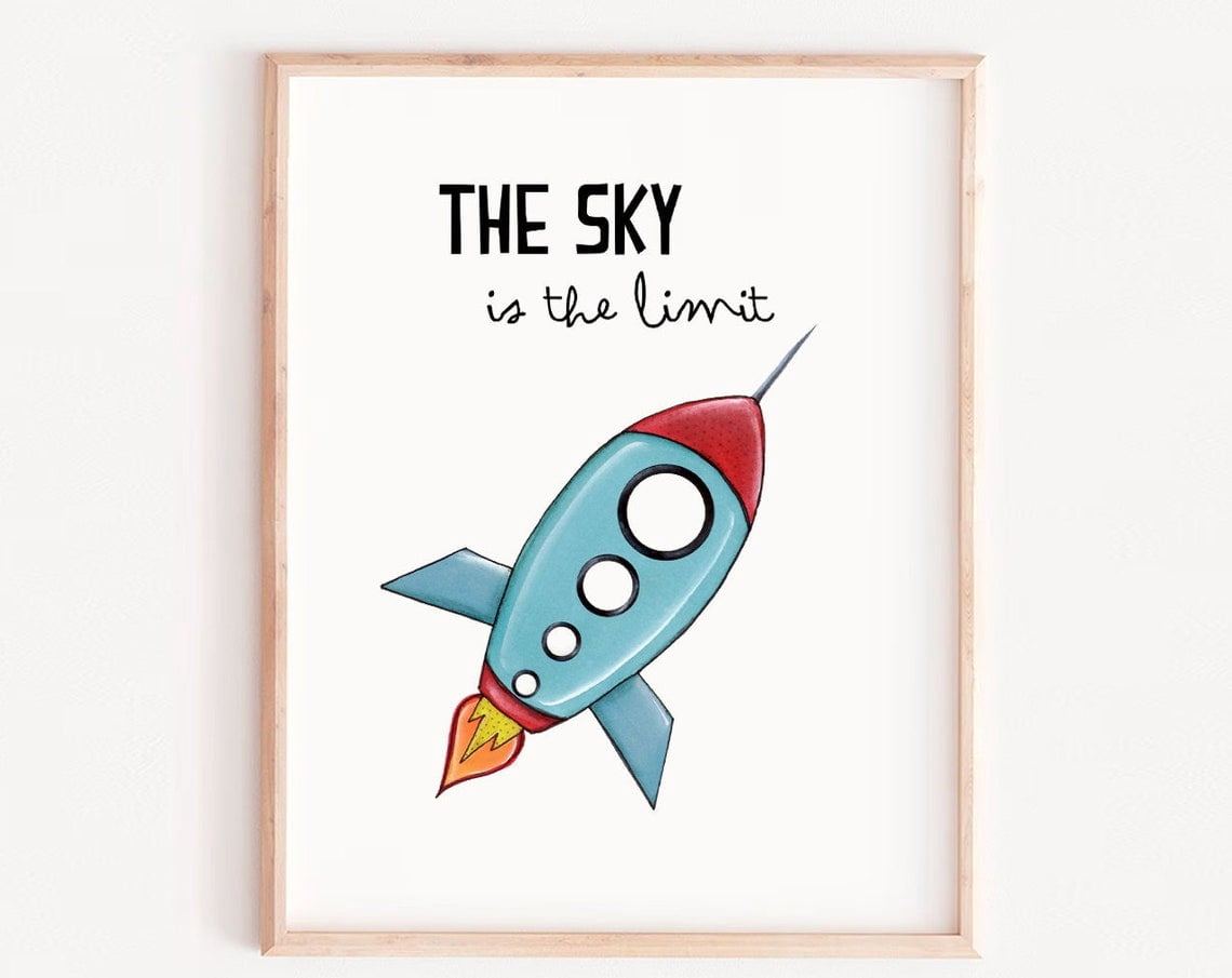 Rocket Wall Art, Sky Is The Limit, Rocket Nursery, Space Print, Rocket ...